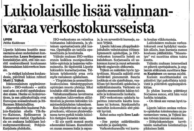 Lehtiartikkeli verkkokursseista Liperin lukiossa 2004 | PDF