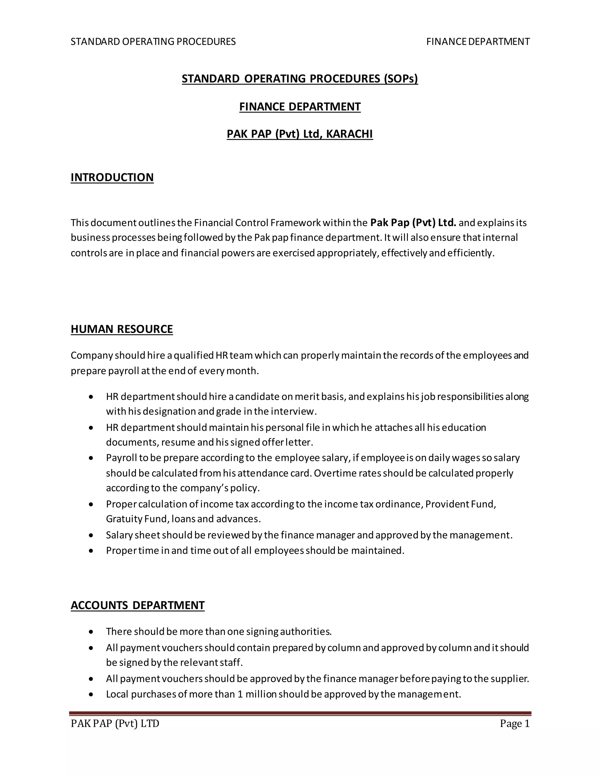 SOPs of Finance Dept | DOCX