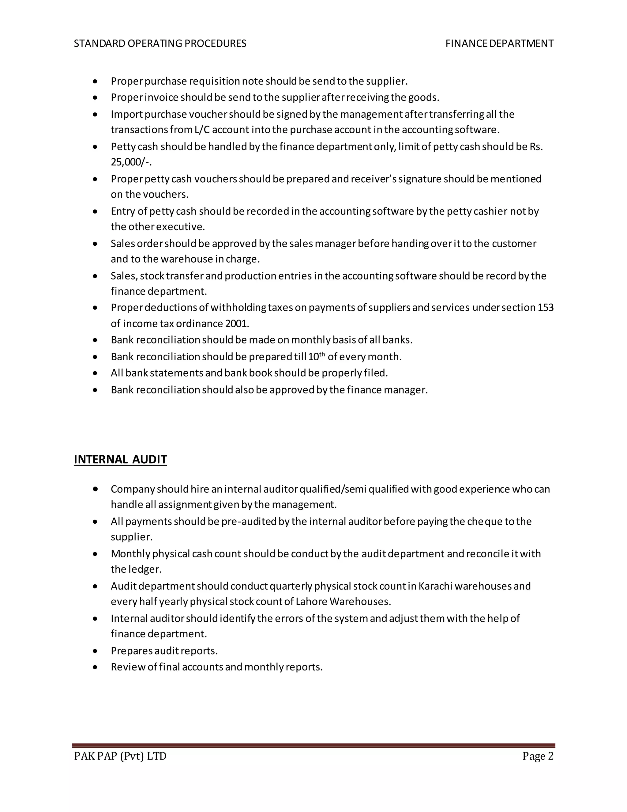 SOPs of Finance Dept | DOCX