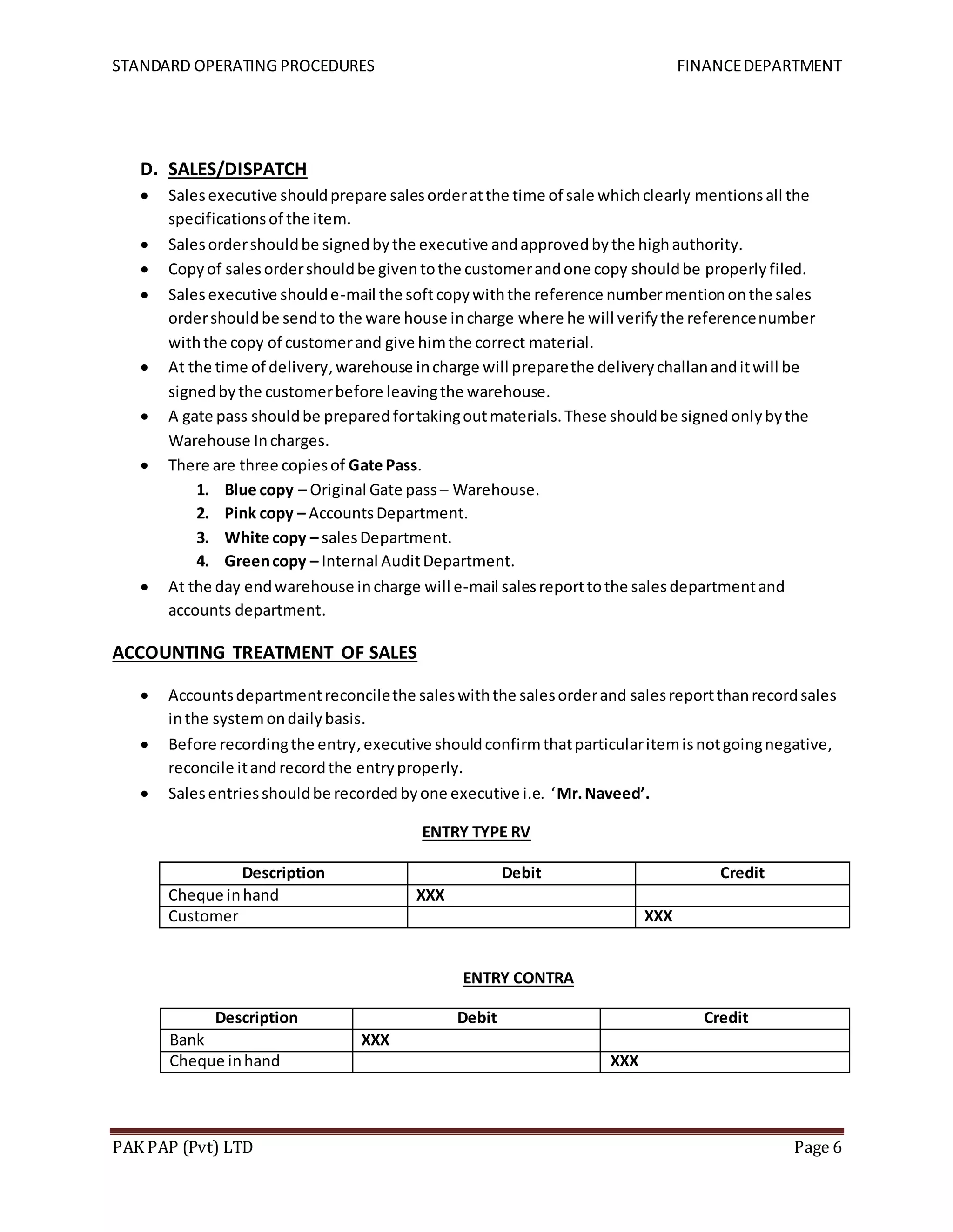 SOPs of Finance Dept | DOCX
