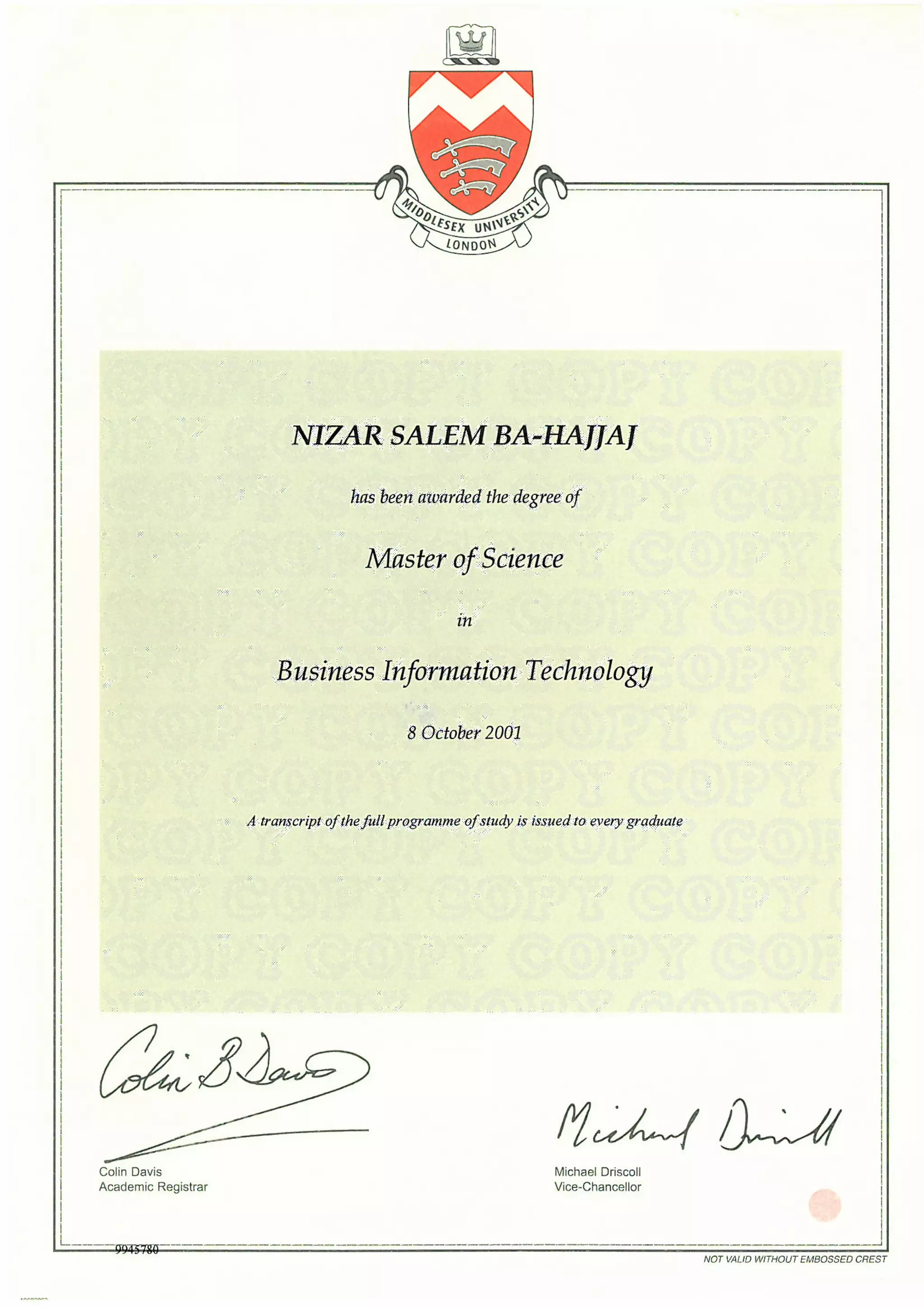 01. MIDDLESEX MSC CERTIFICATE 08OCT01 | PDF