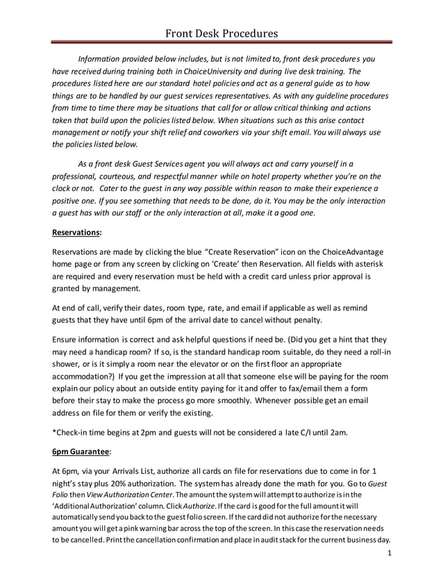 Front Desk Procedures | DOCX