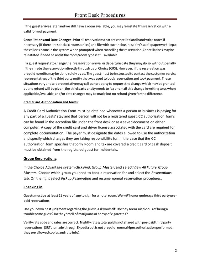 Front Desk Procedures | DOCX