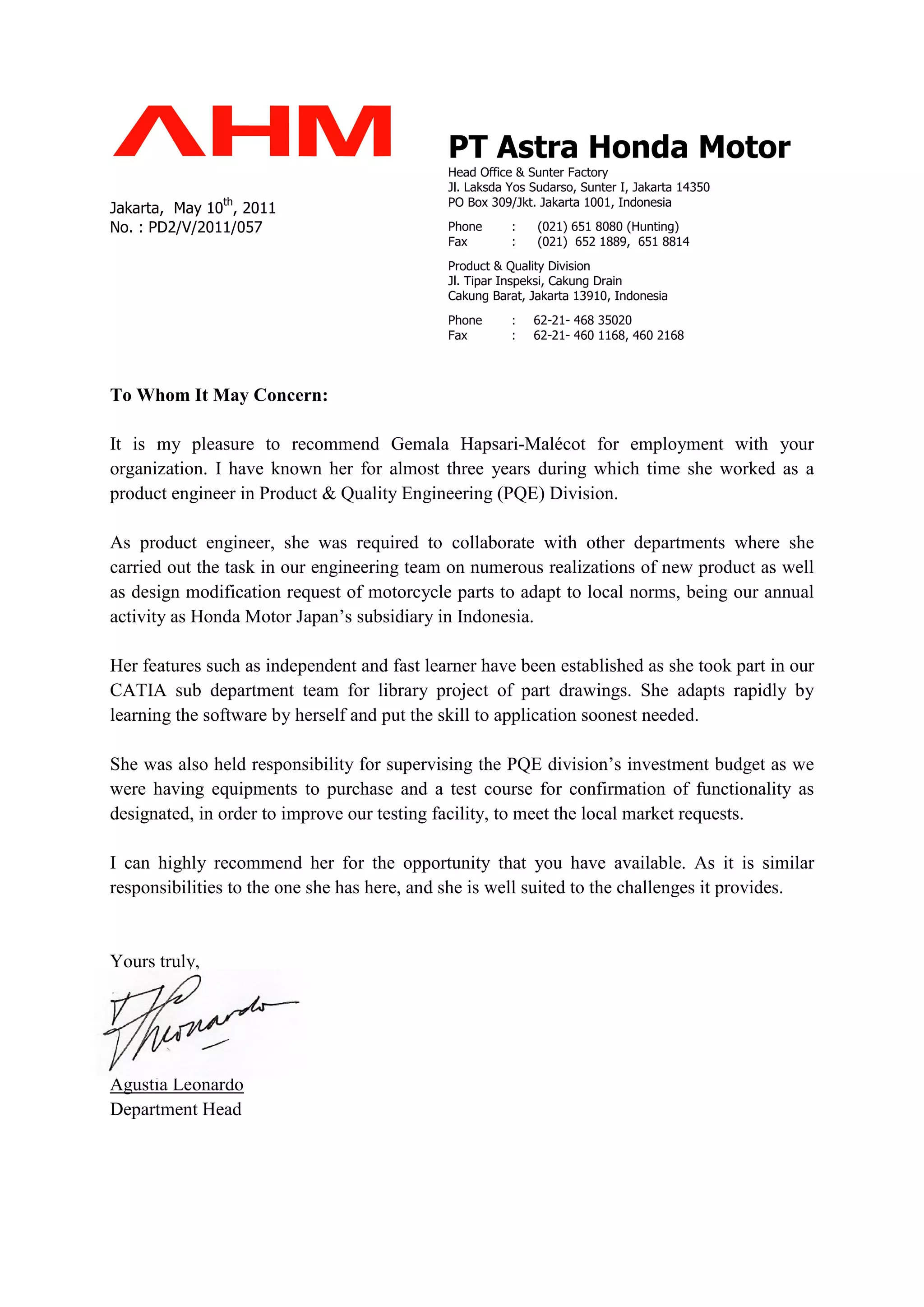 AHM ALE - Reference Letter | PDF