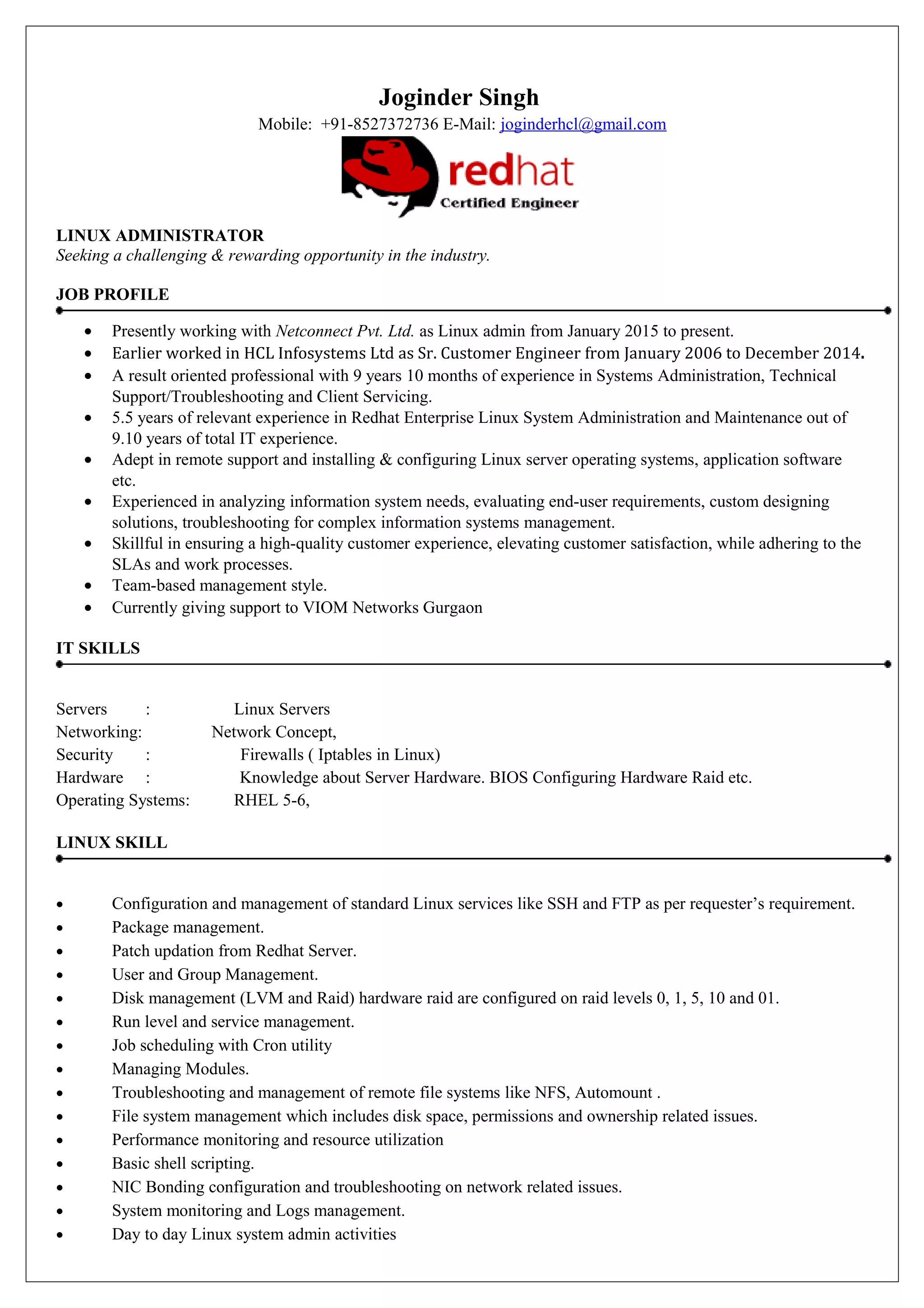 Joginder updated resume | DOC | Operating Systems | Computer Software and Applications