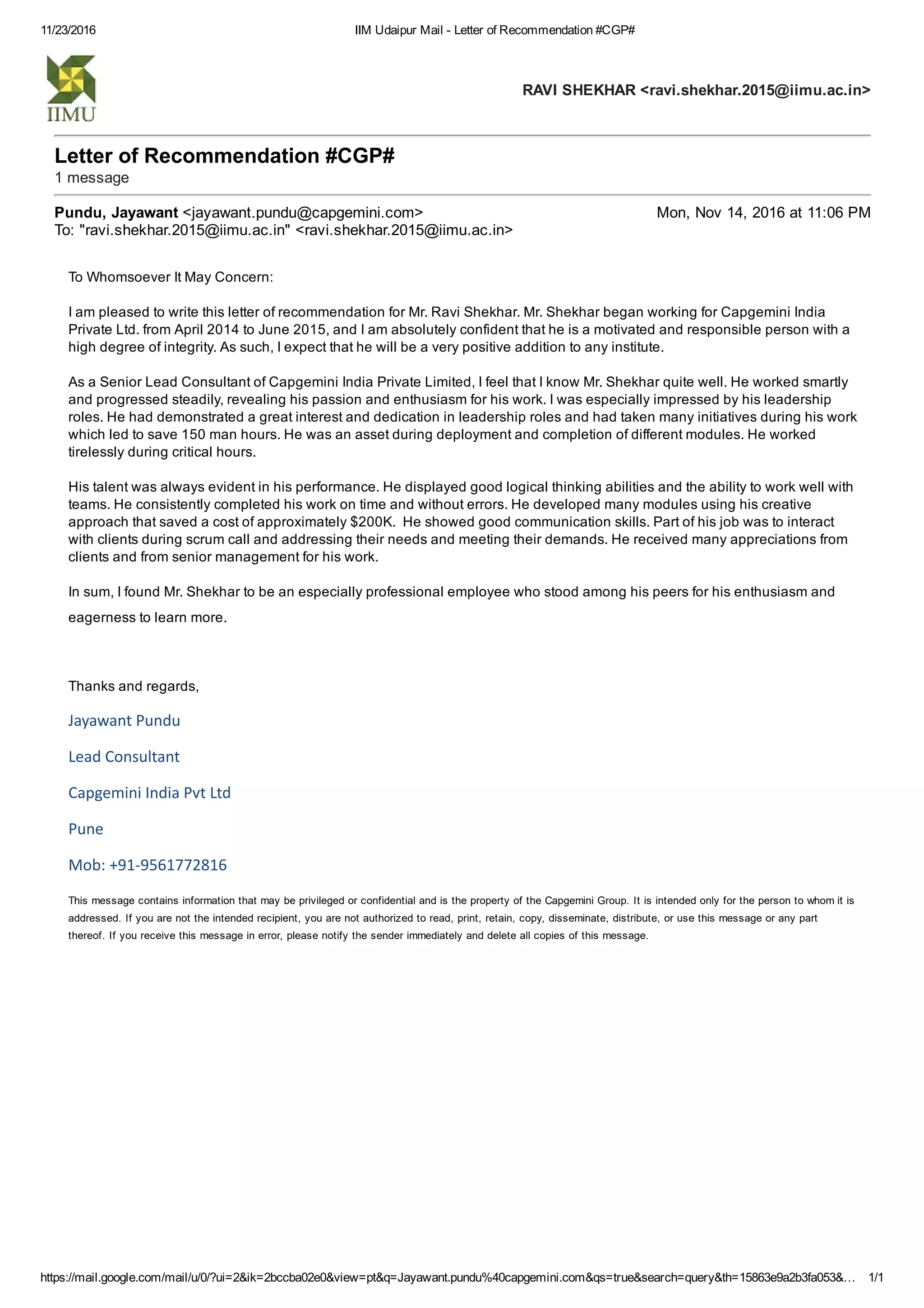 Letter of Recommendation_Capgemini | PDF