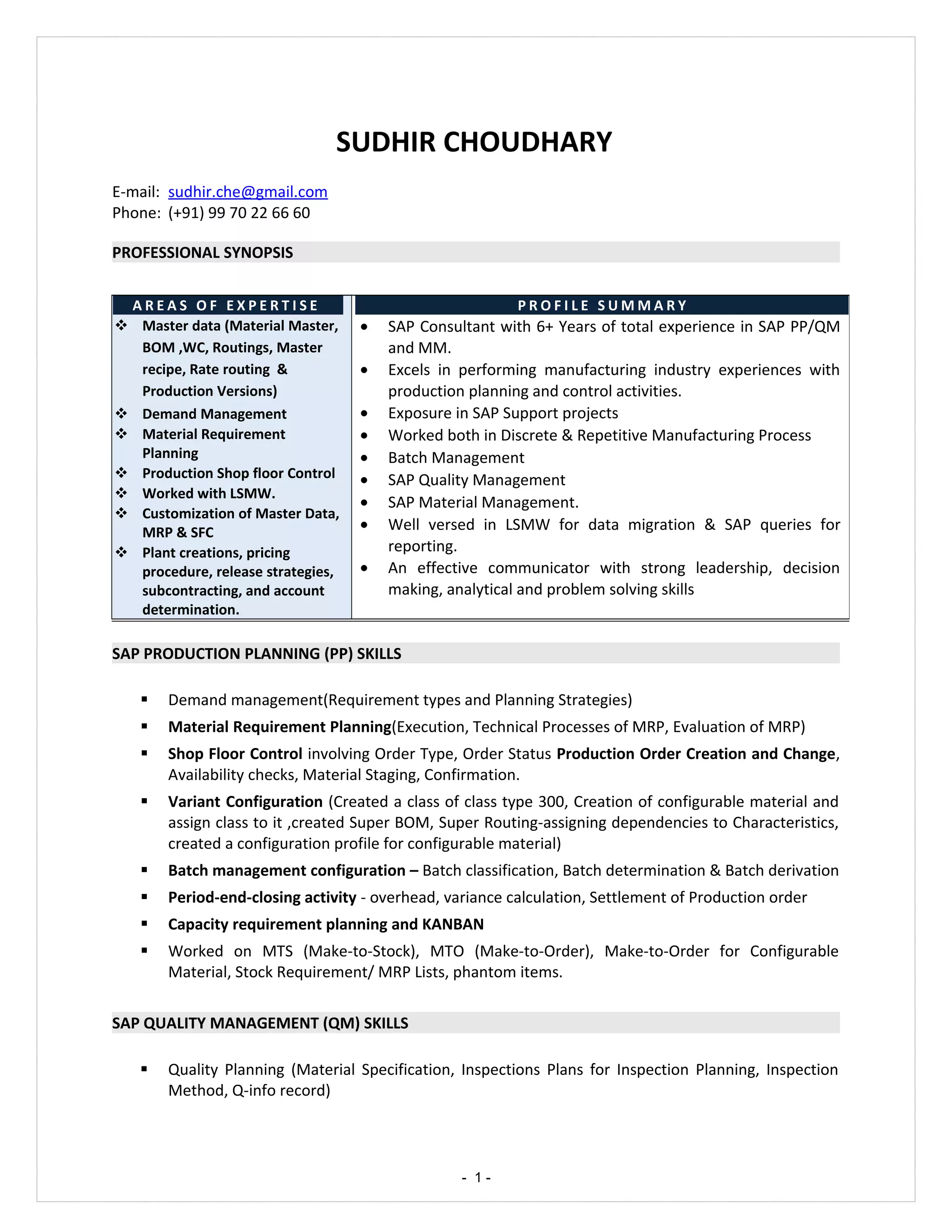 Sudhir_SAP PP QM & MM resume | DOC