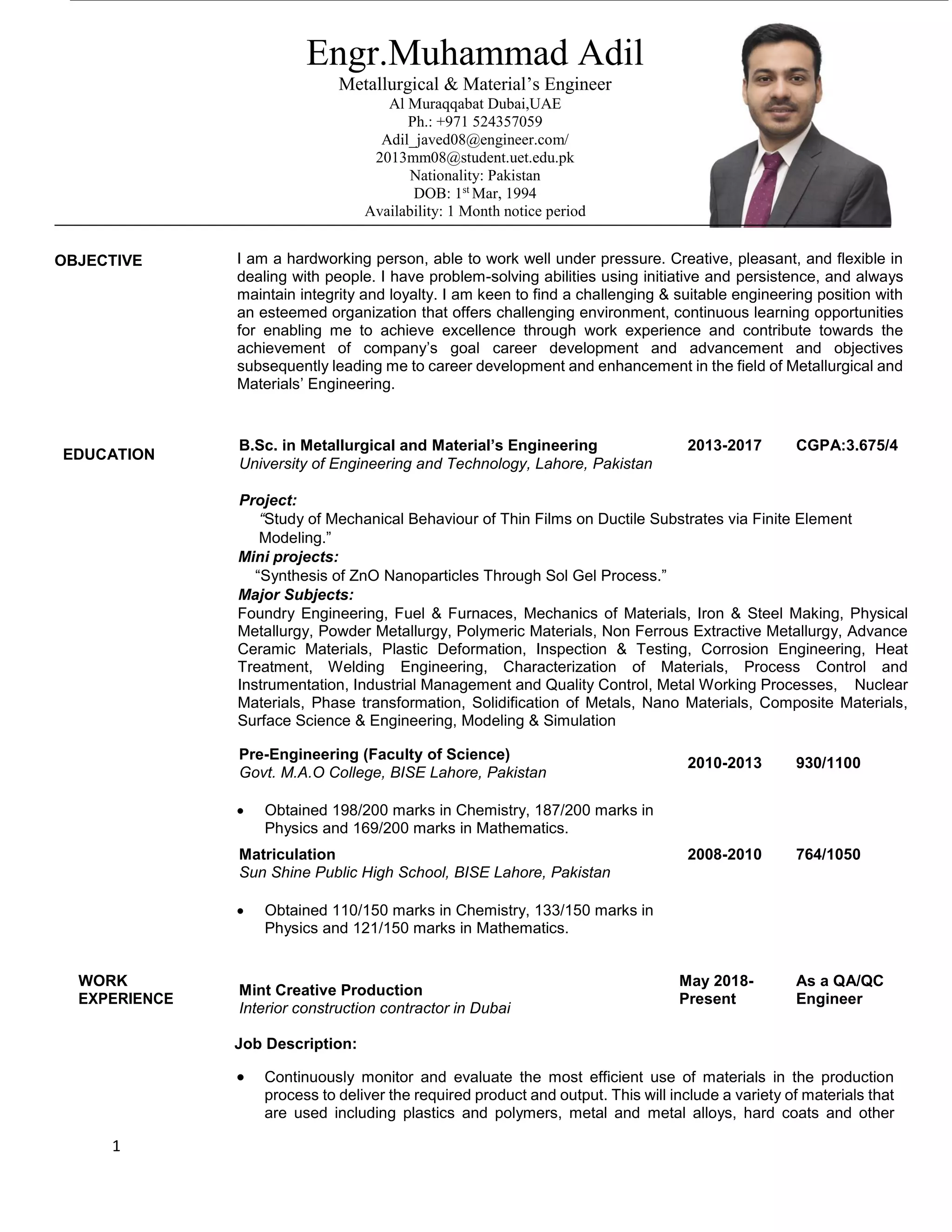 1 adil javed metallurgical and materials engineering resume | PDF