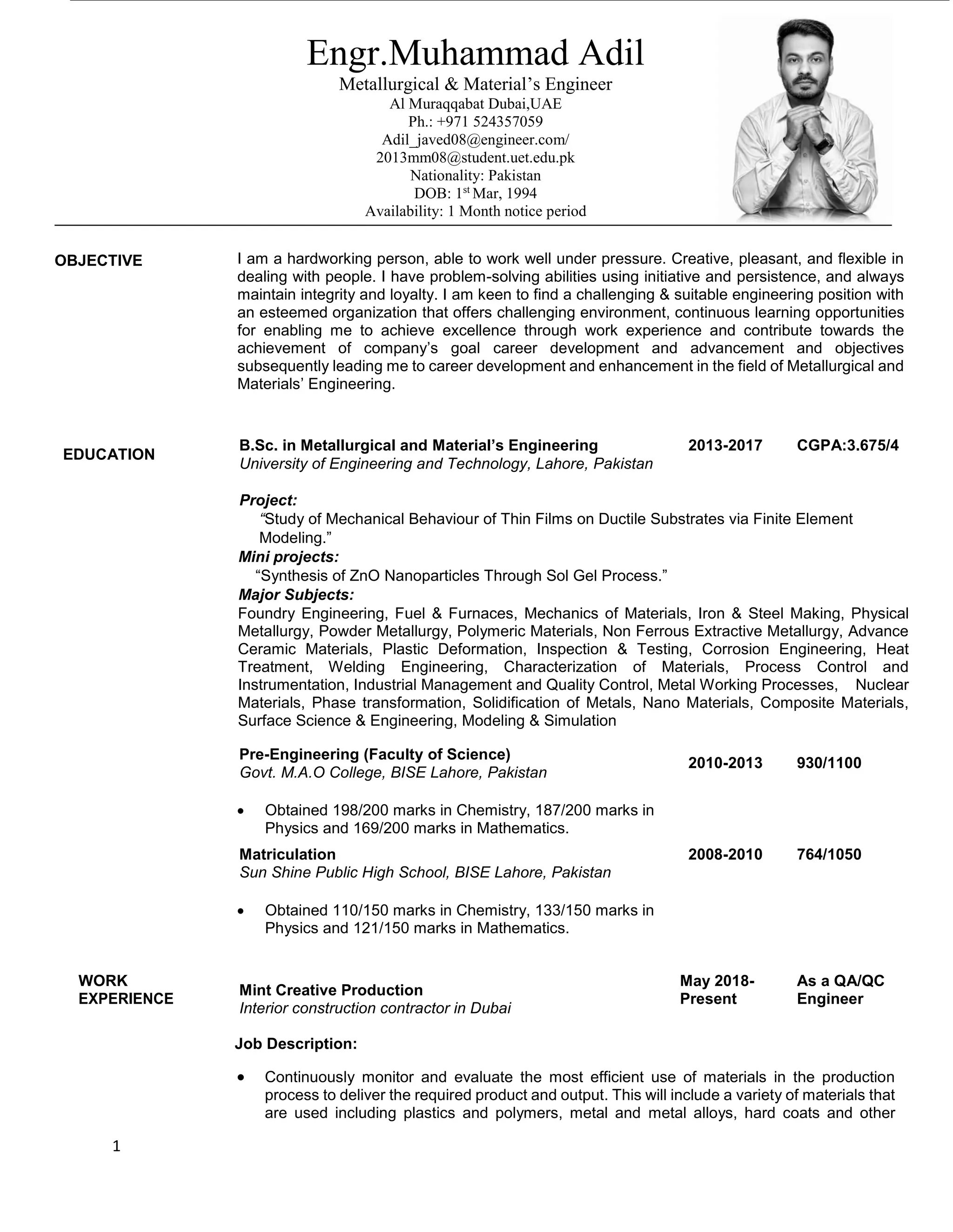 1 adil javed metallurgical and materials engineering resume | PDF
