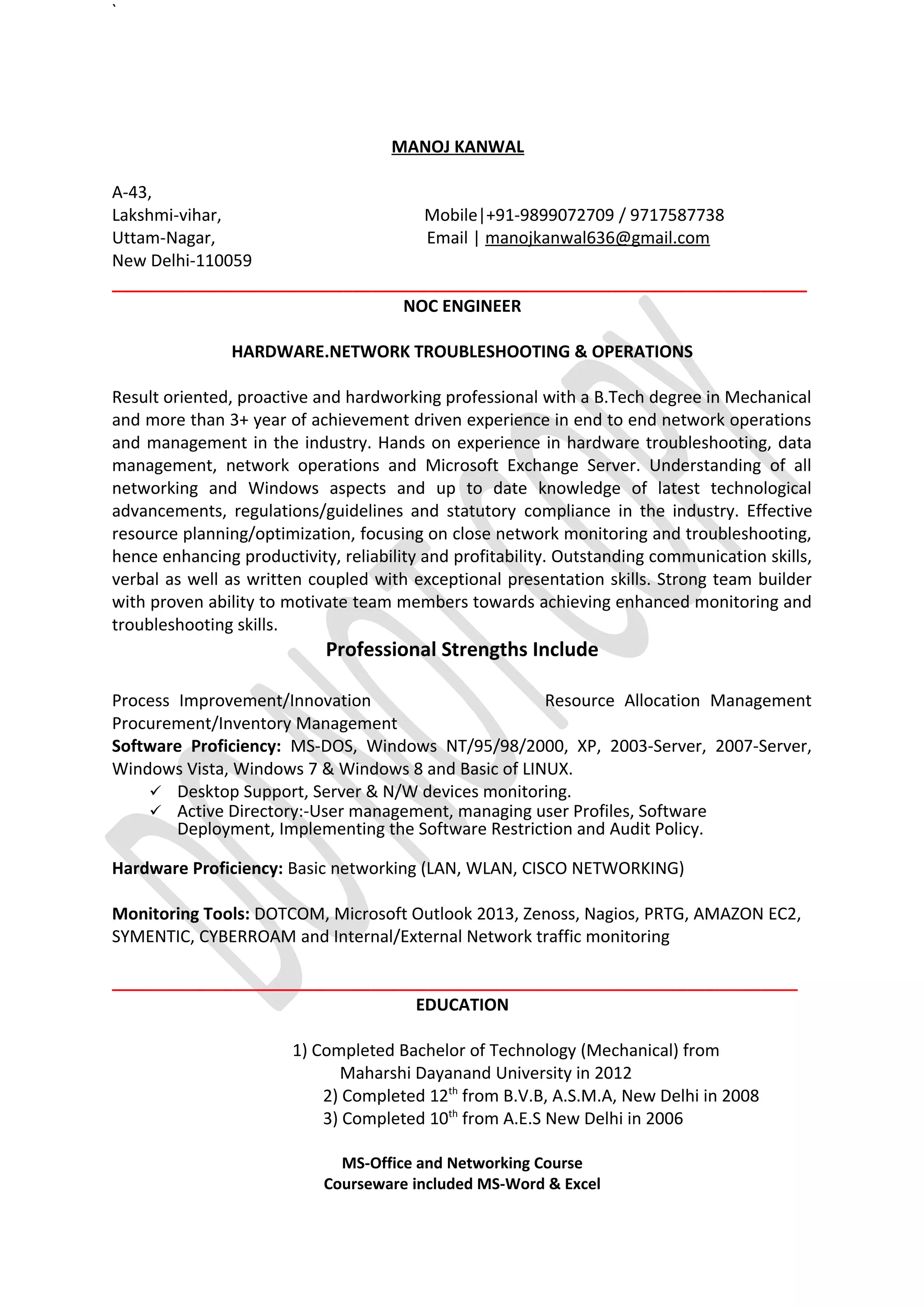 Manoj Kanwal Resume | DOC
