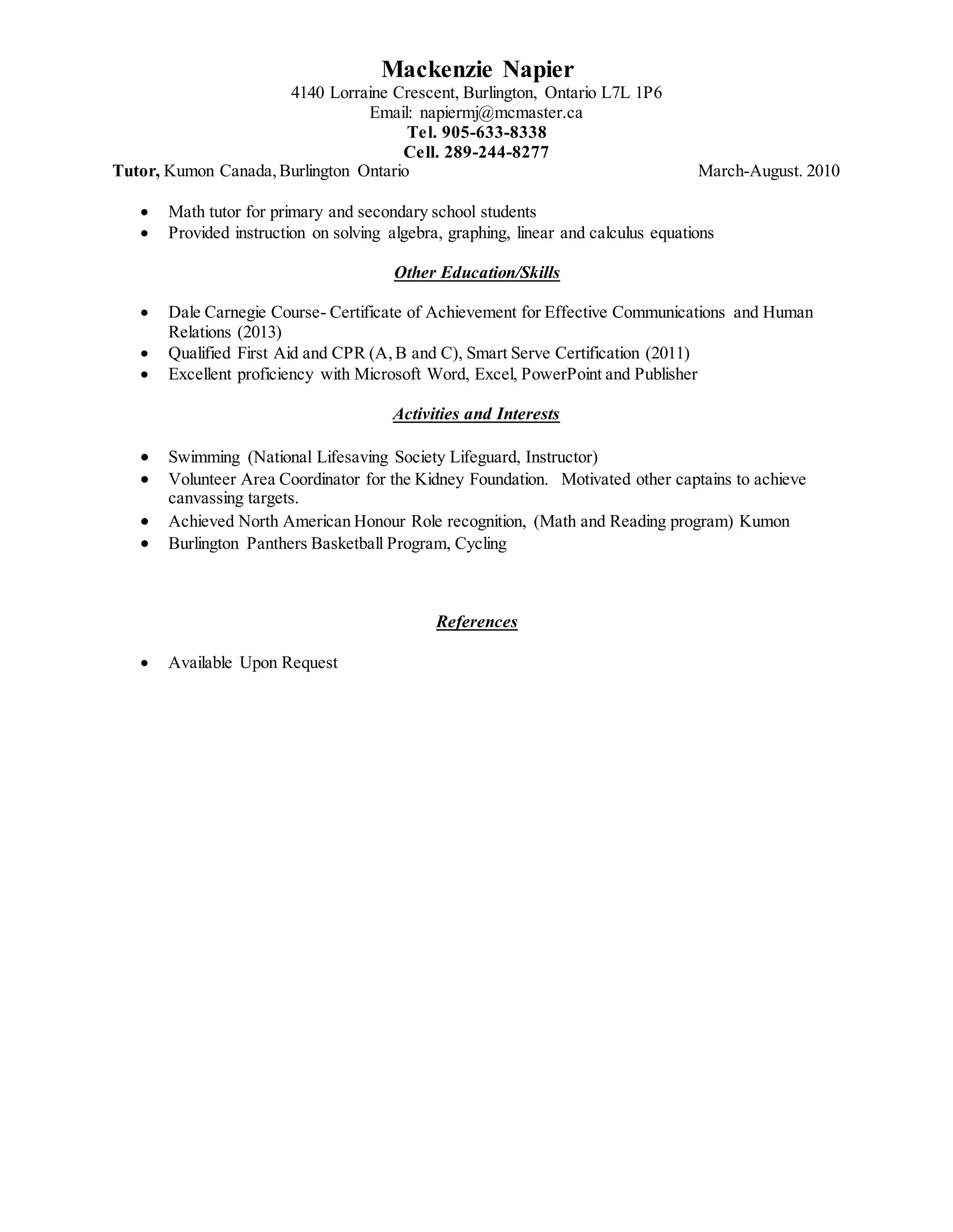 Mackenzie Napier Resume | PDF