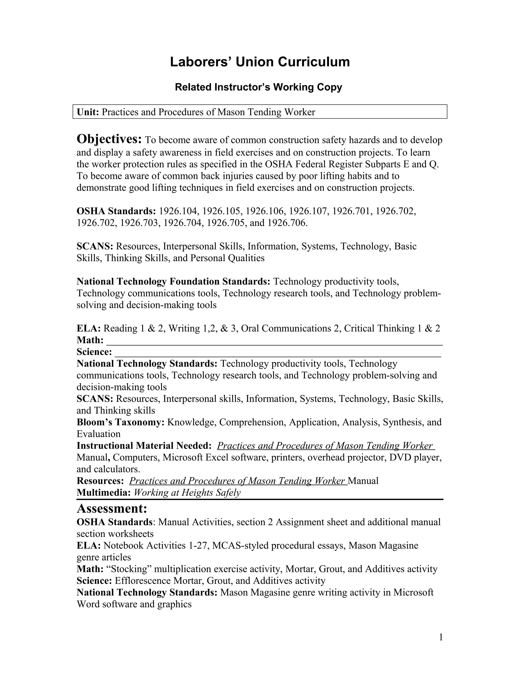 Mason Tending Curriculum | DOC