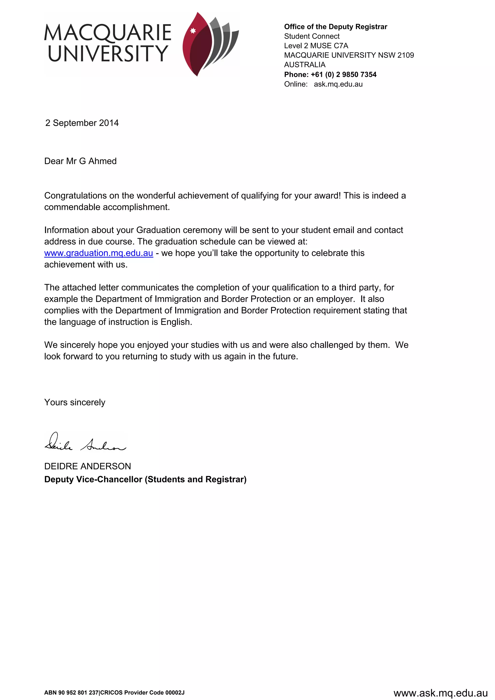 Macquarie University Letter | PDF