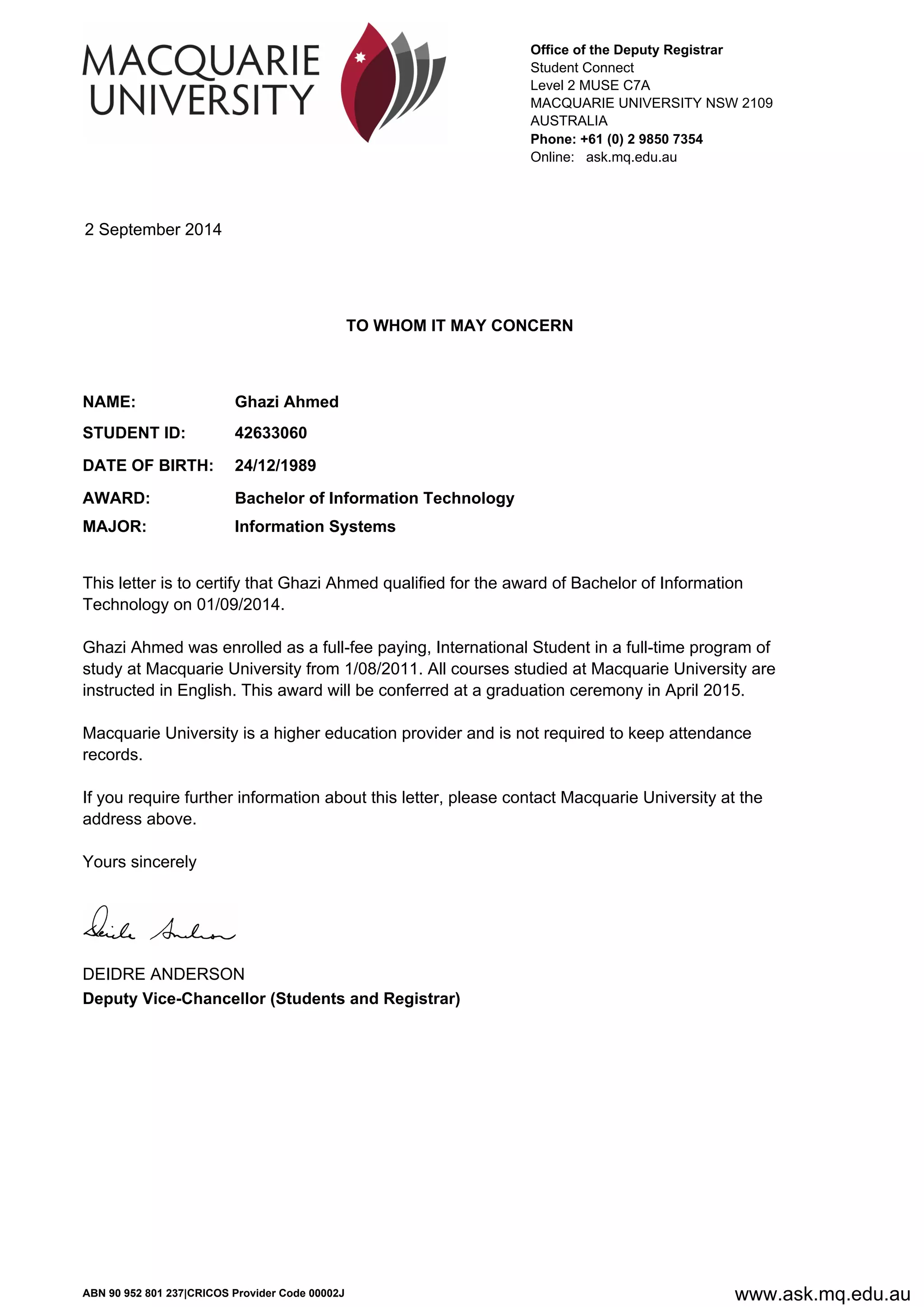 Macquarie University Letter | PDF