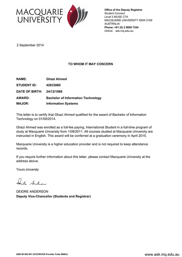 Macquarie University Letter | PDF