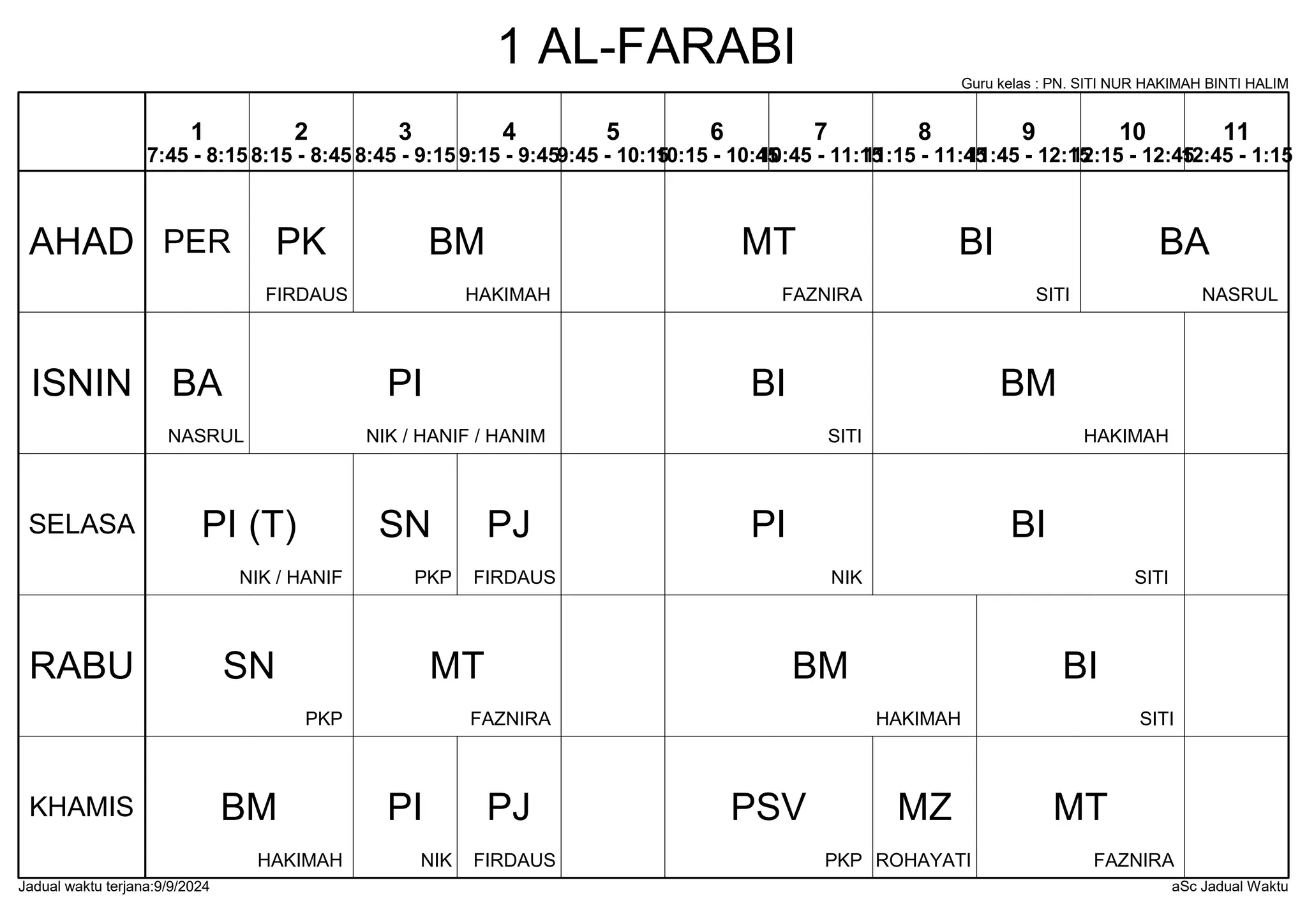 JADUAL KELAS 1 AL FARABI SK KELADI 2024 S | PDF