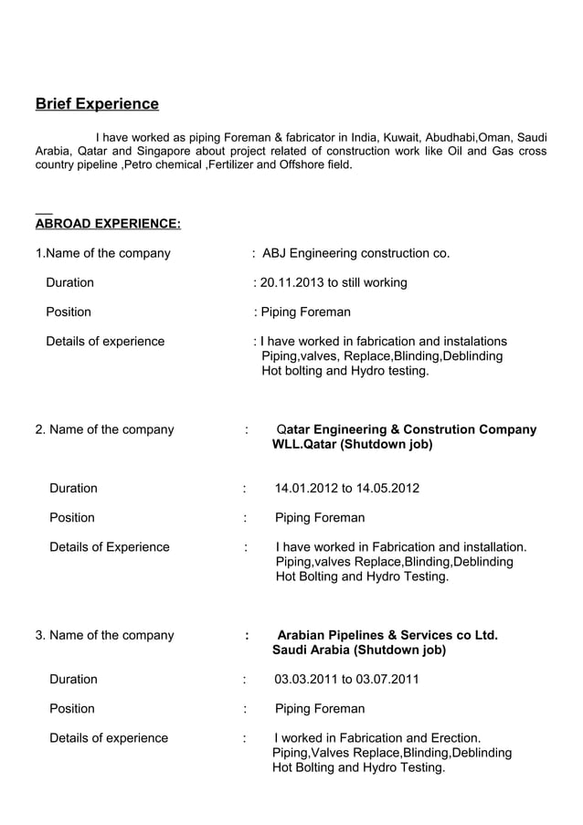 piping foreman resume | DOC