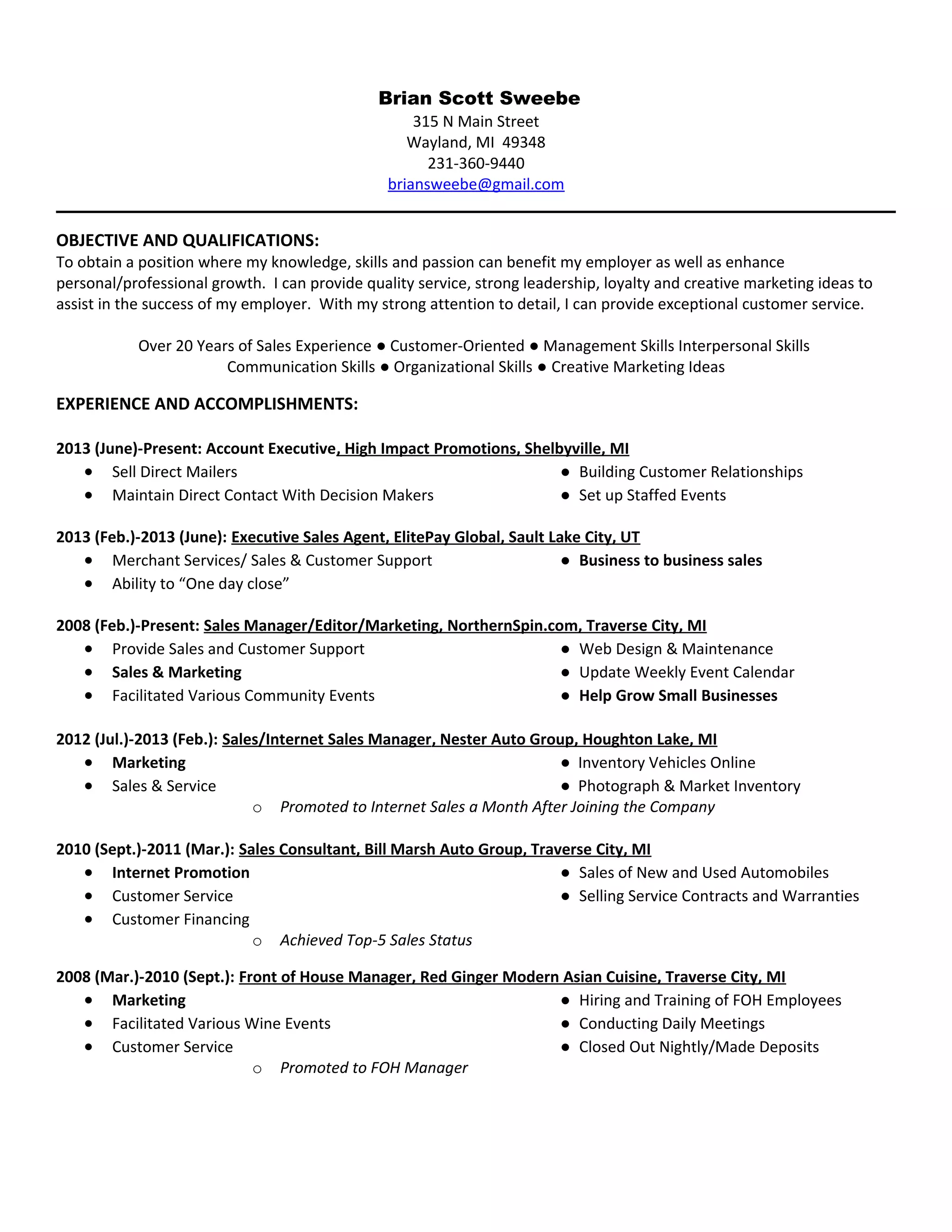 Brian Resume' Marketing 2015 | PDF | Sales | Business