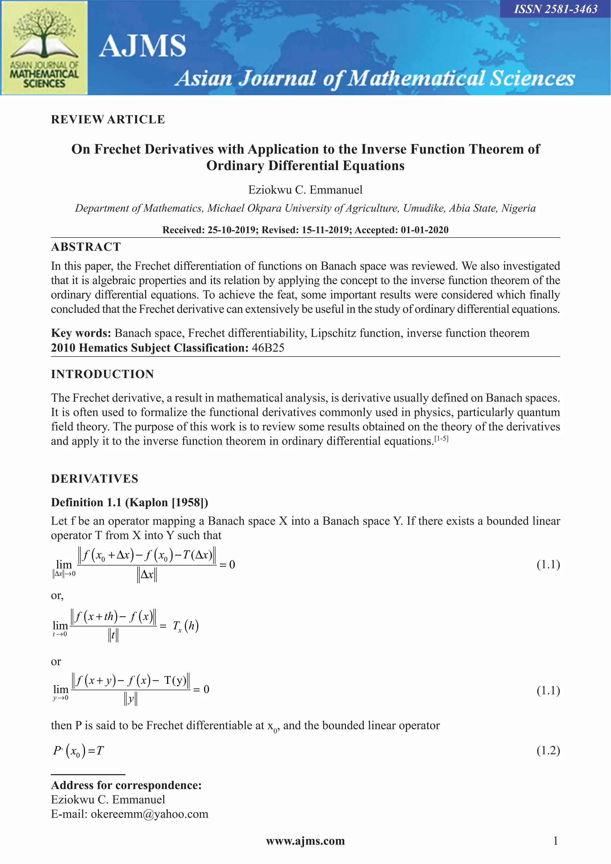 On Frechet Derivatives with Application to the Inverse Function Theorem of Ordinary Differential ...
