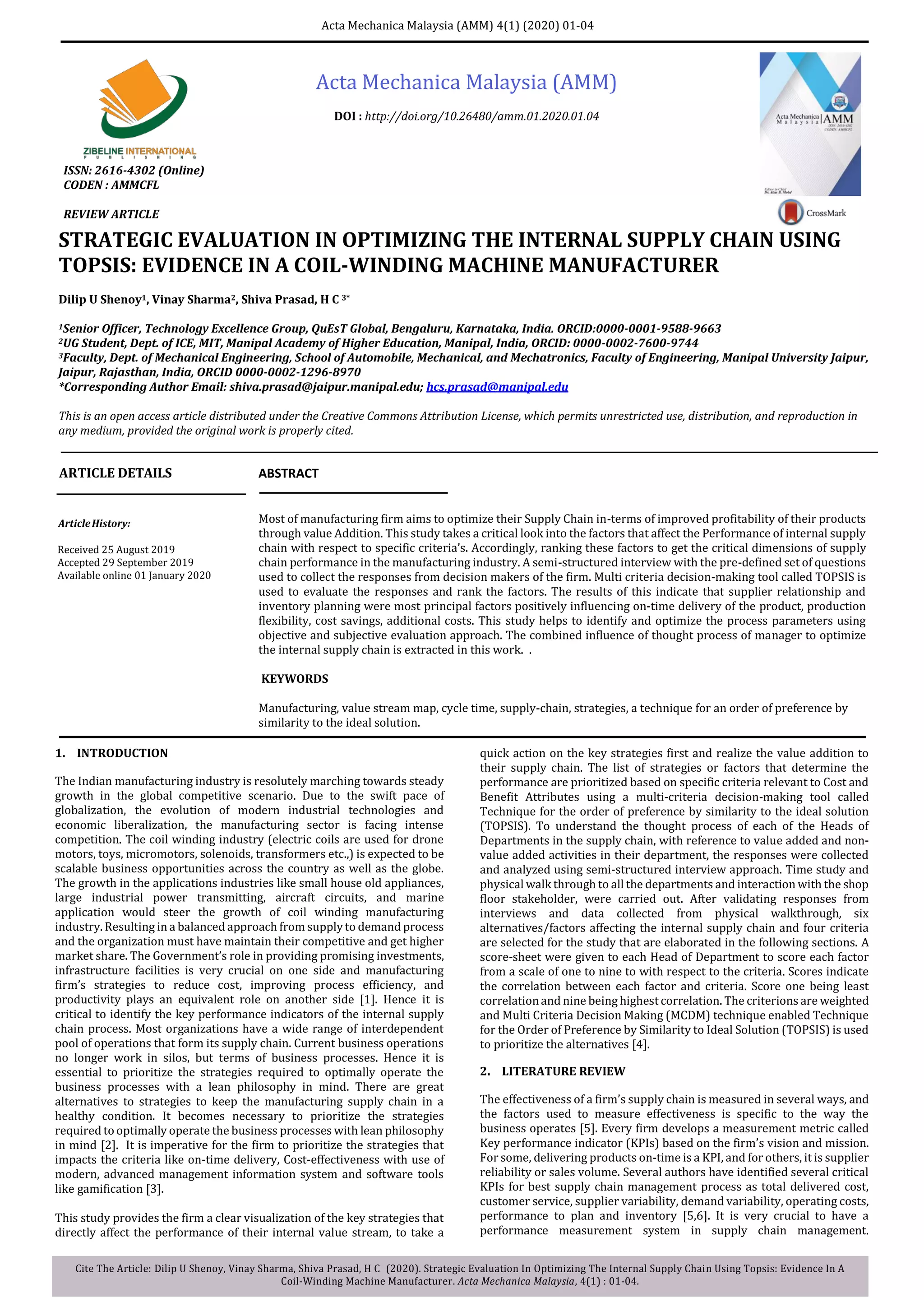 STRATEGIC EVALUATION IN OPTIMIZING THE INTERNAL SUPPLY CHAIN USING TOPSIS: EVIDENCE IN A COIL ...