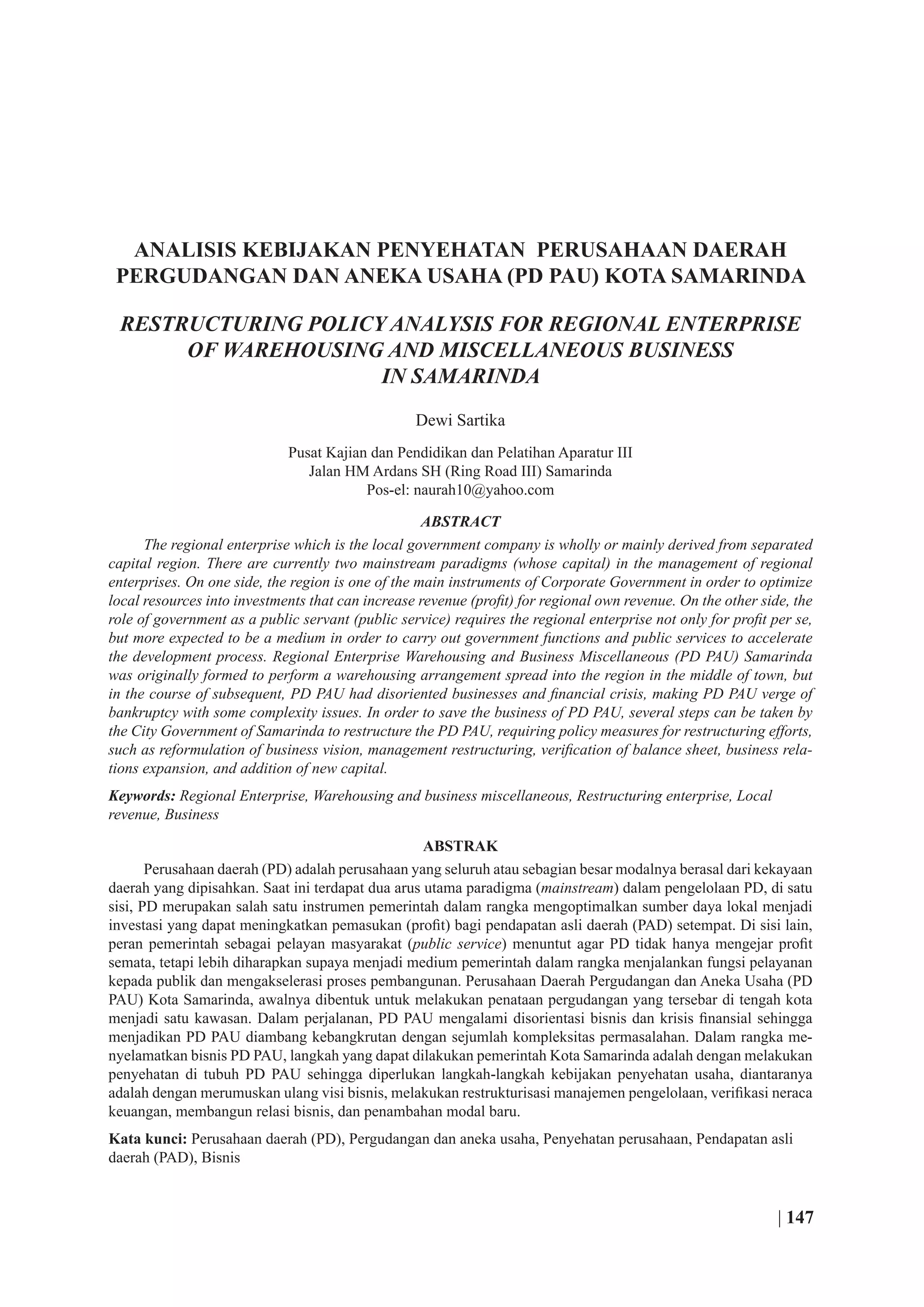 Analisis Kebijakan Penyehatan Perusahaan Daerah Pergudangan dan Aneka Usaha (PD PAU) Kota ...