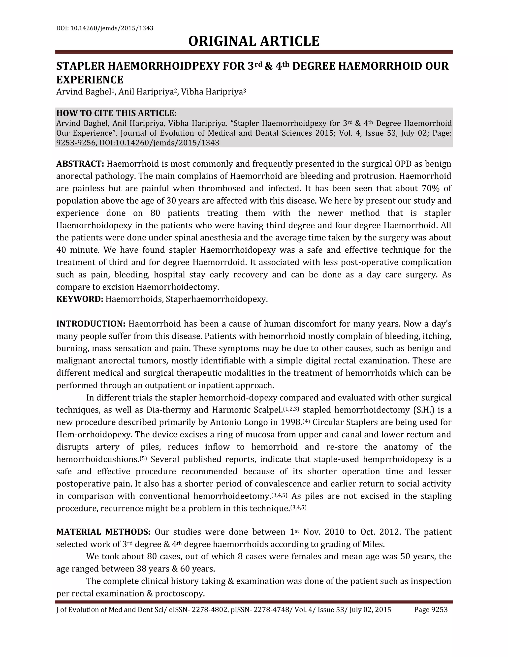 STAPLER HAEMORRHOIDPEXY FOR 3rd & 4th DEGREE HAEMORRHOID OUR EXPERIENCE ...