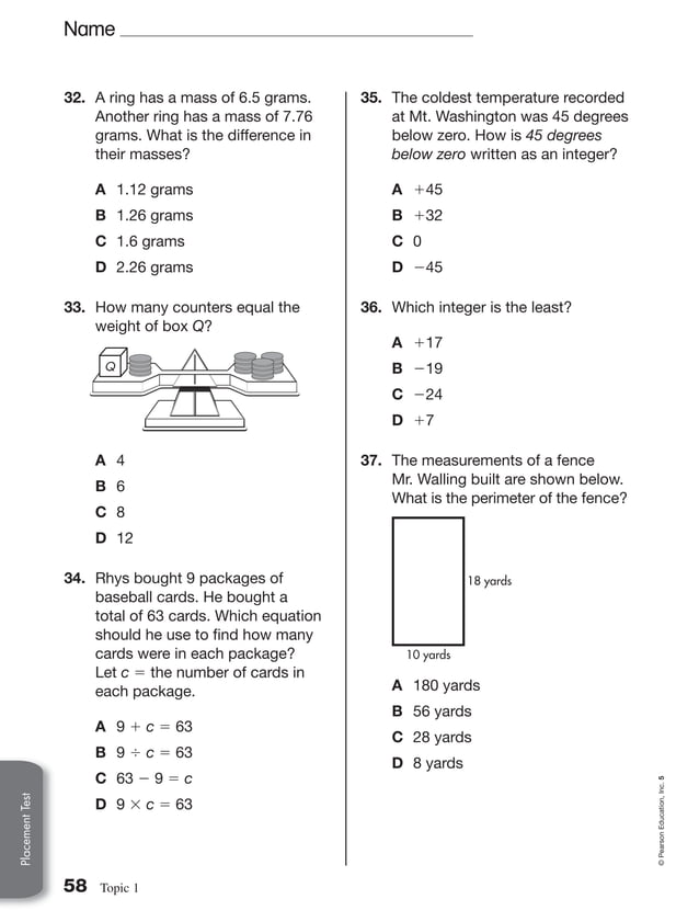 1a 5th Grade Placement Test