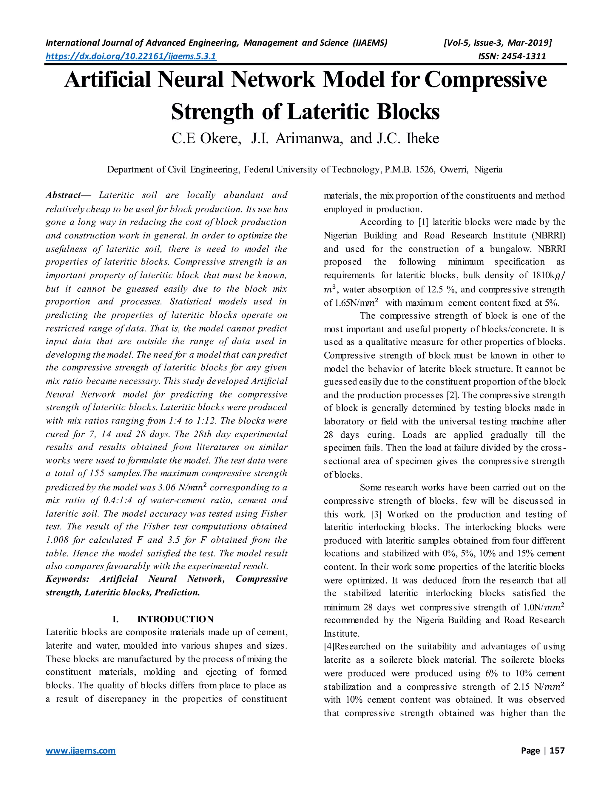 Artificial Neural Network Model for Compressive Strength of Lateritic Blocks | PDF