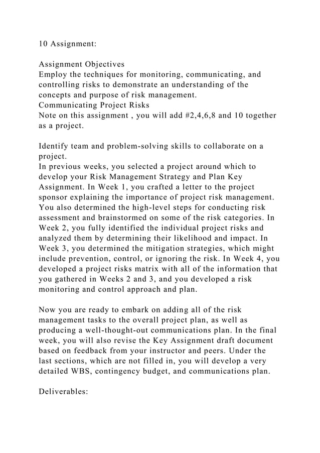 1 Assignment Objectives Introduction to Project Risk Managemen.docx