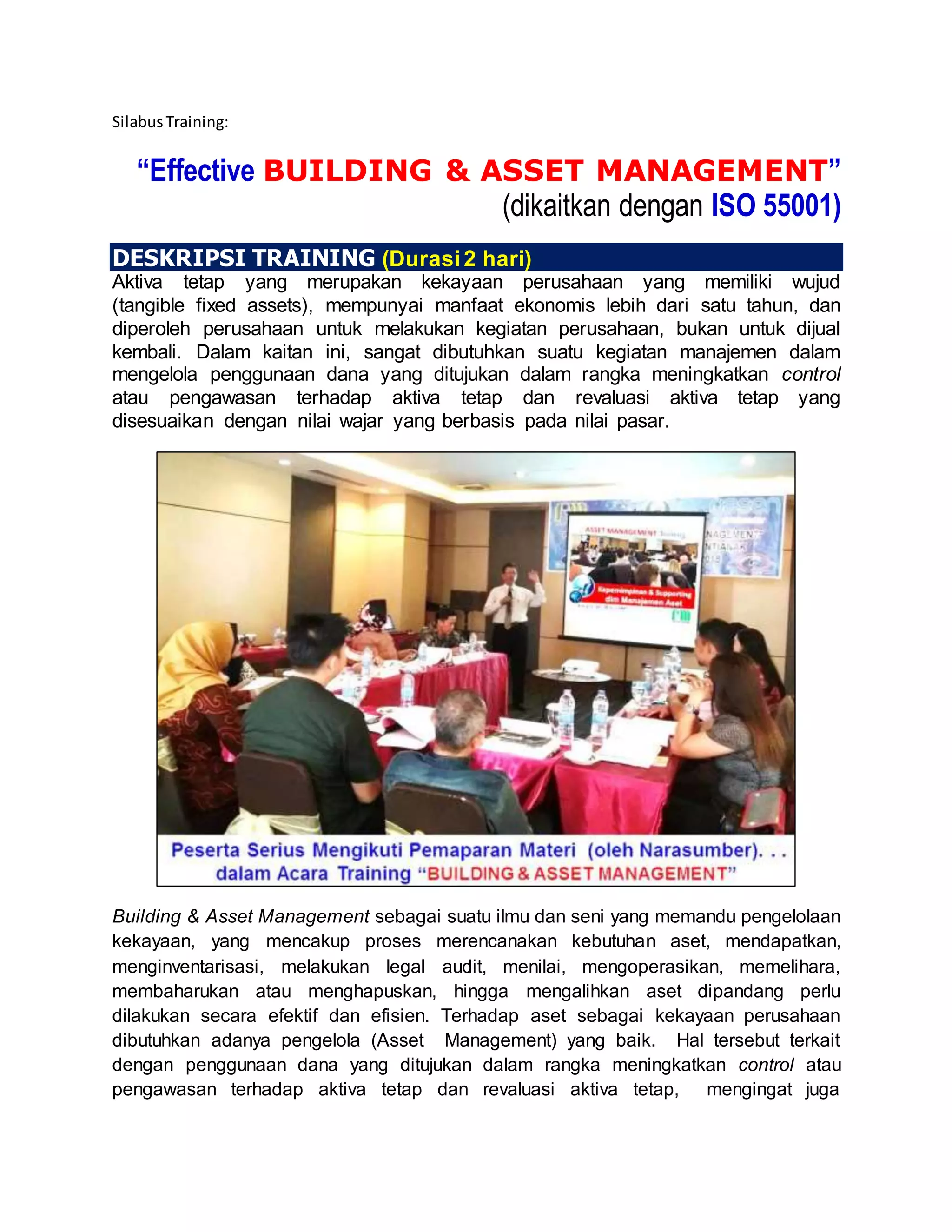 Silabus Training “Effective BUILDING & ASSET MANAGEMENT” (dikaitkan dengan ISO 55001) | DOCX