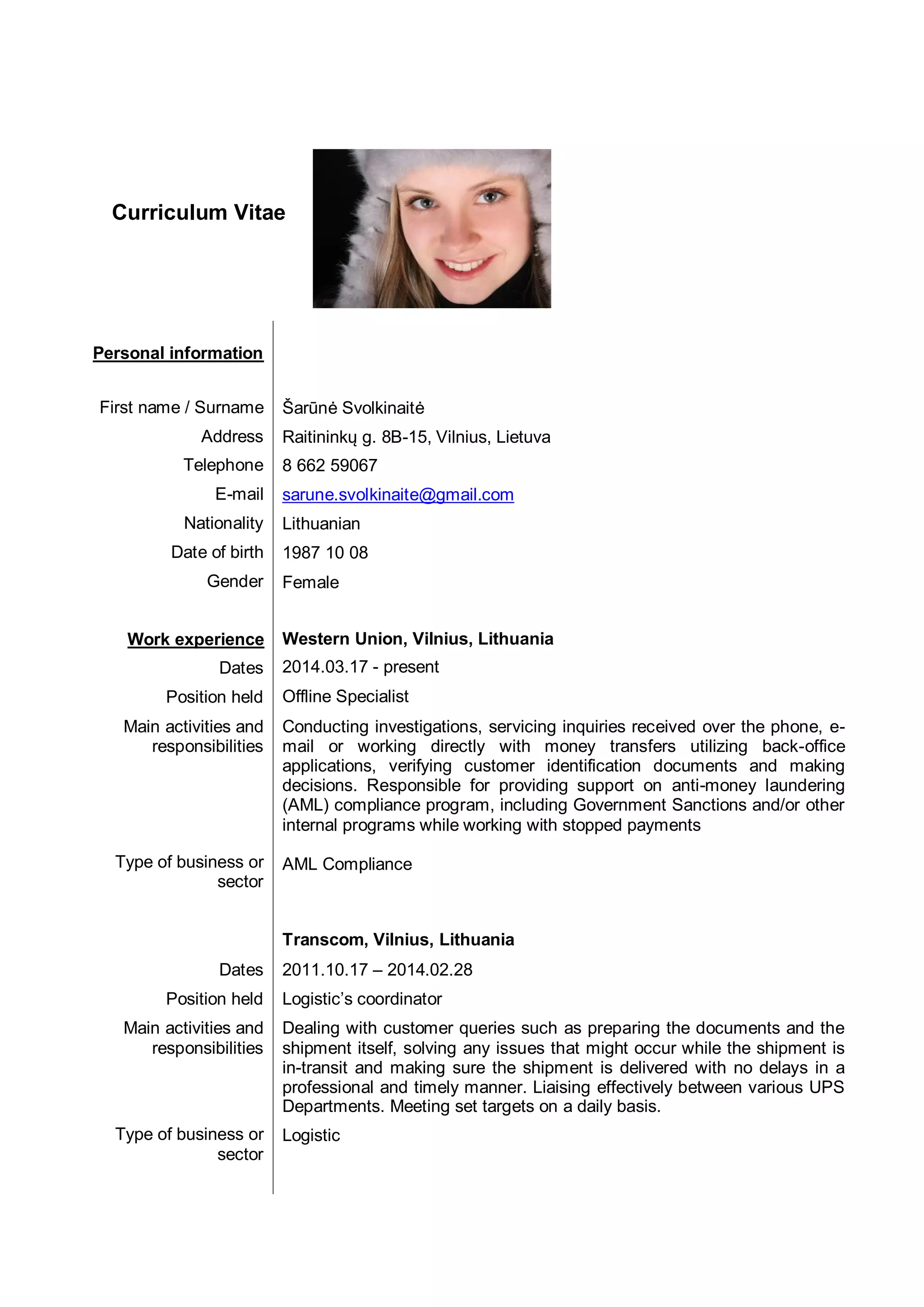 CV Sarune Svolkinaite_EN | PDF | Business | Business and Finance