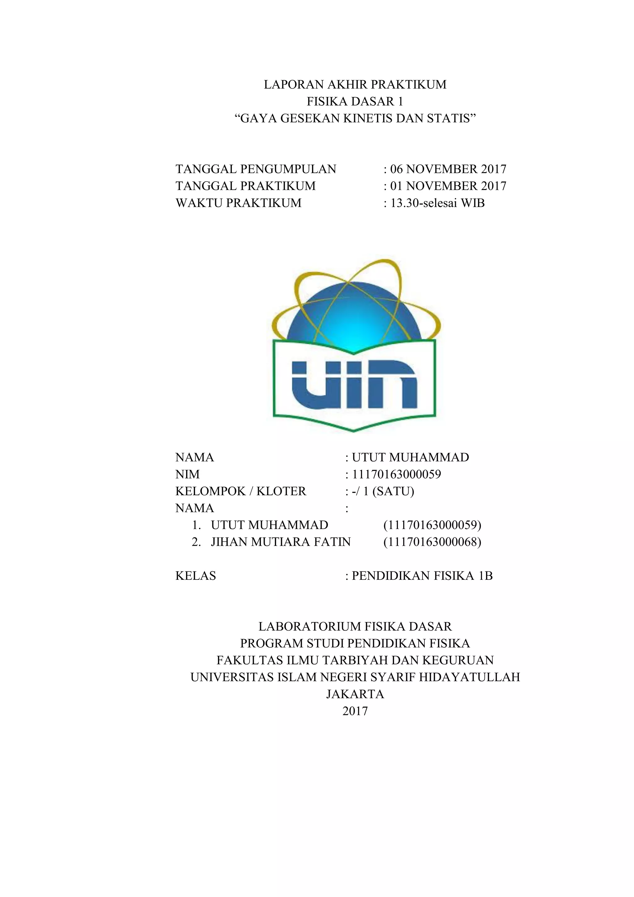 1 b 11170163000059_laporan_gaya gesek statis dan gaya gesek kinetis. | PDF