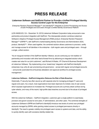 PR Lieberman Sailpoint Partnership_SailPoint FINAL | PDF