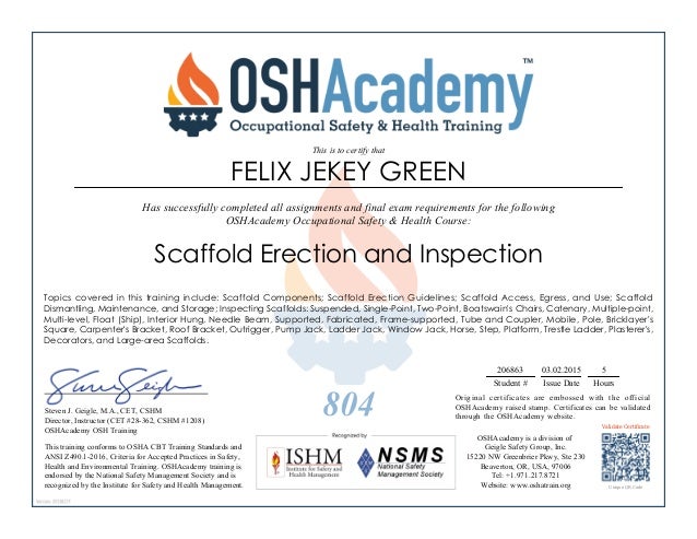Scaffolding erection and Inspection certificate