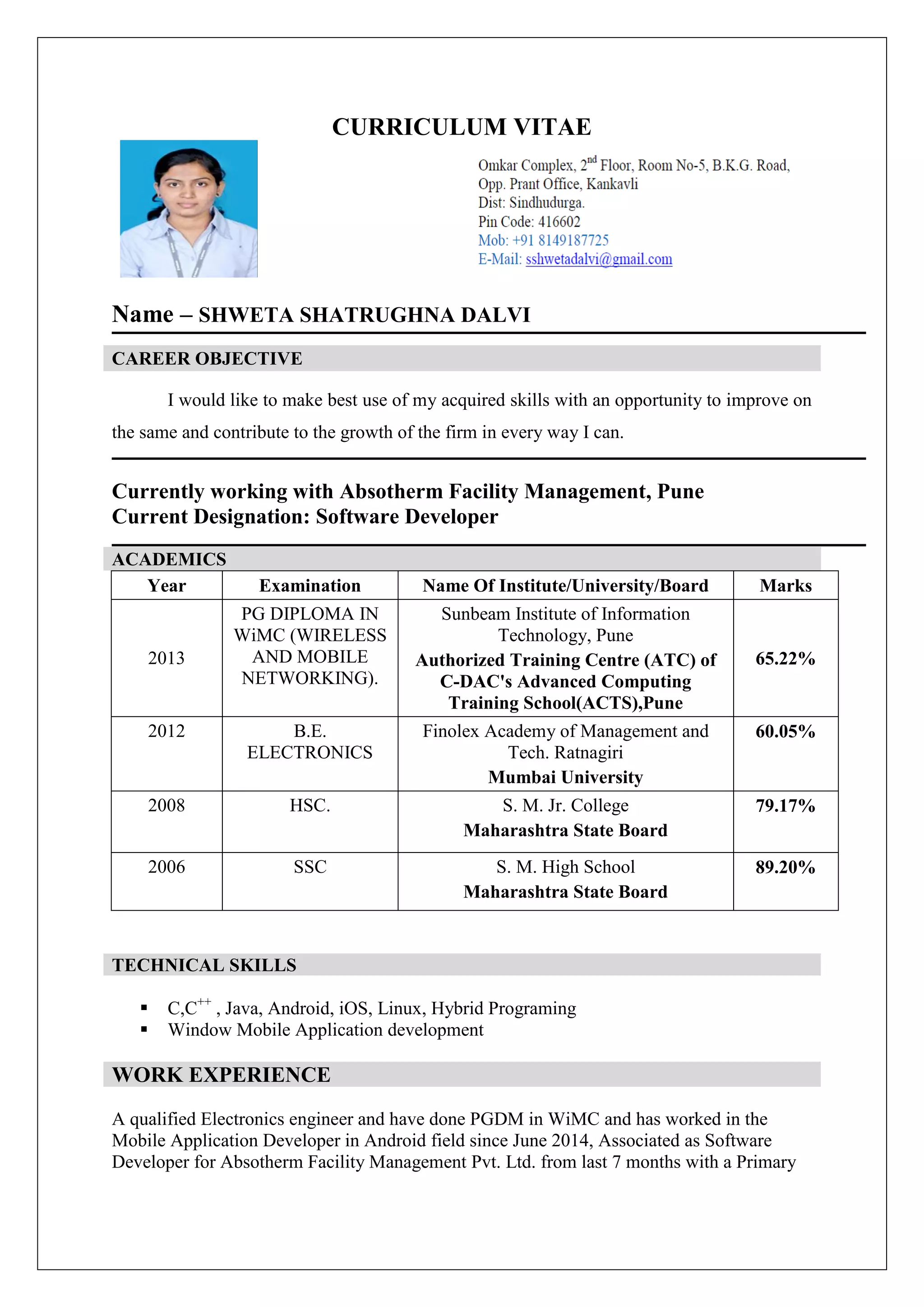 CV Shweta Dalvi | PDF | Operating Systems | Computer Software and Applications