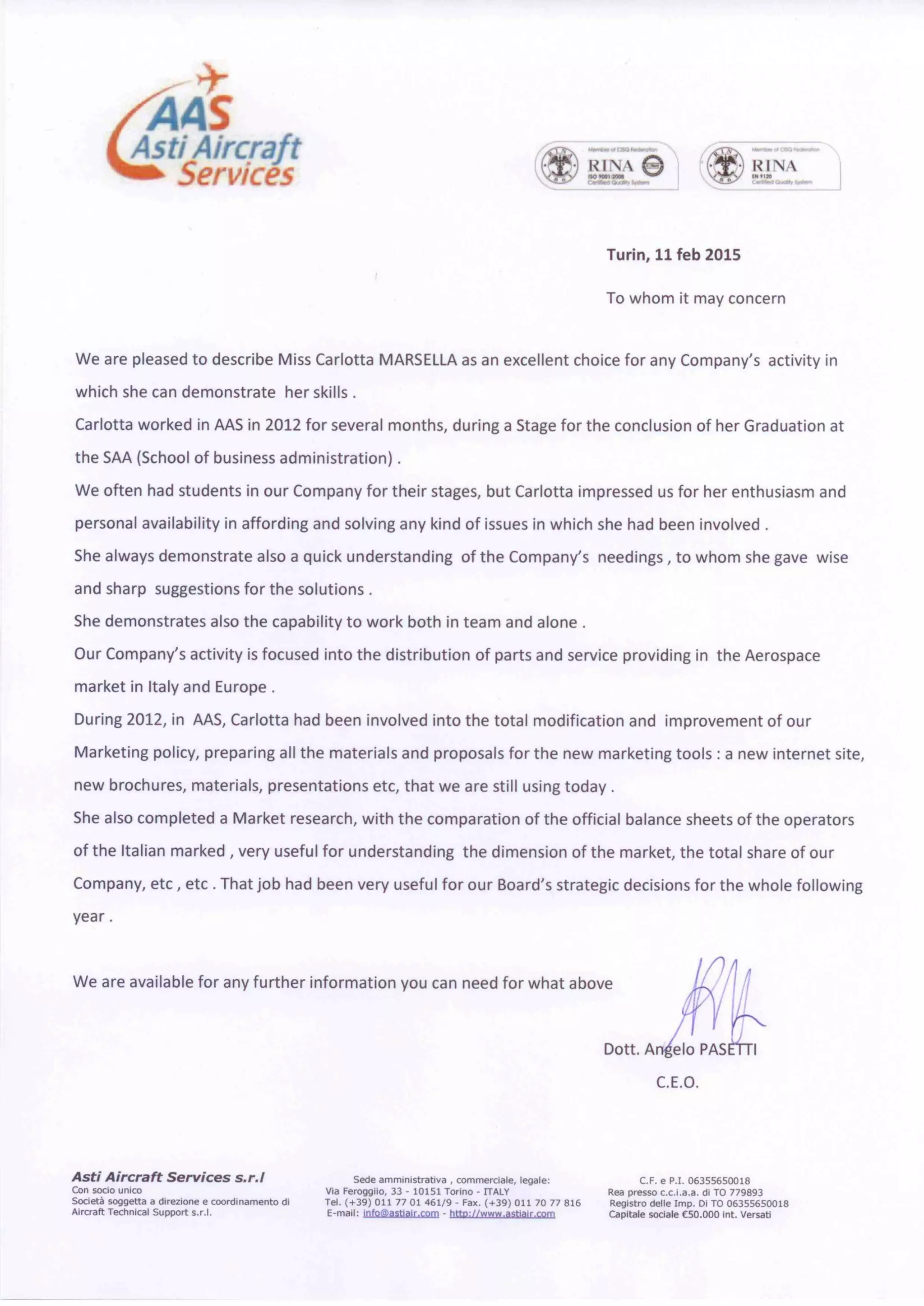 Asti Aircraft Service REFERENCE LETTER | PDF | Air Travel | Travel Type