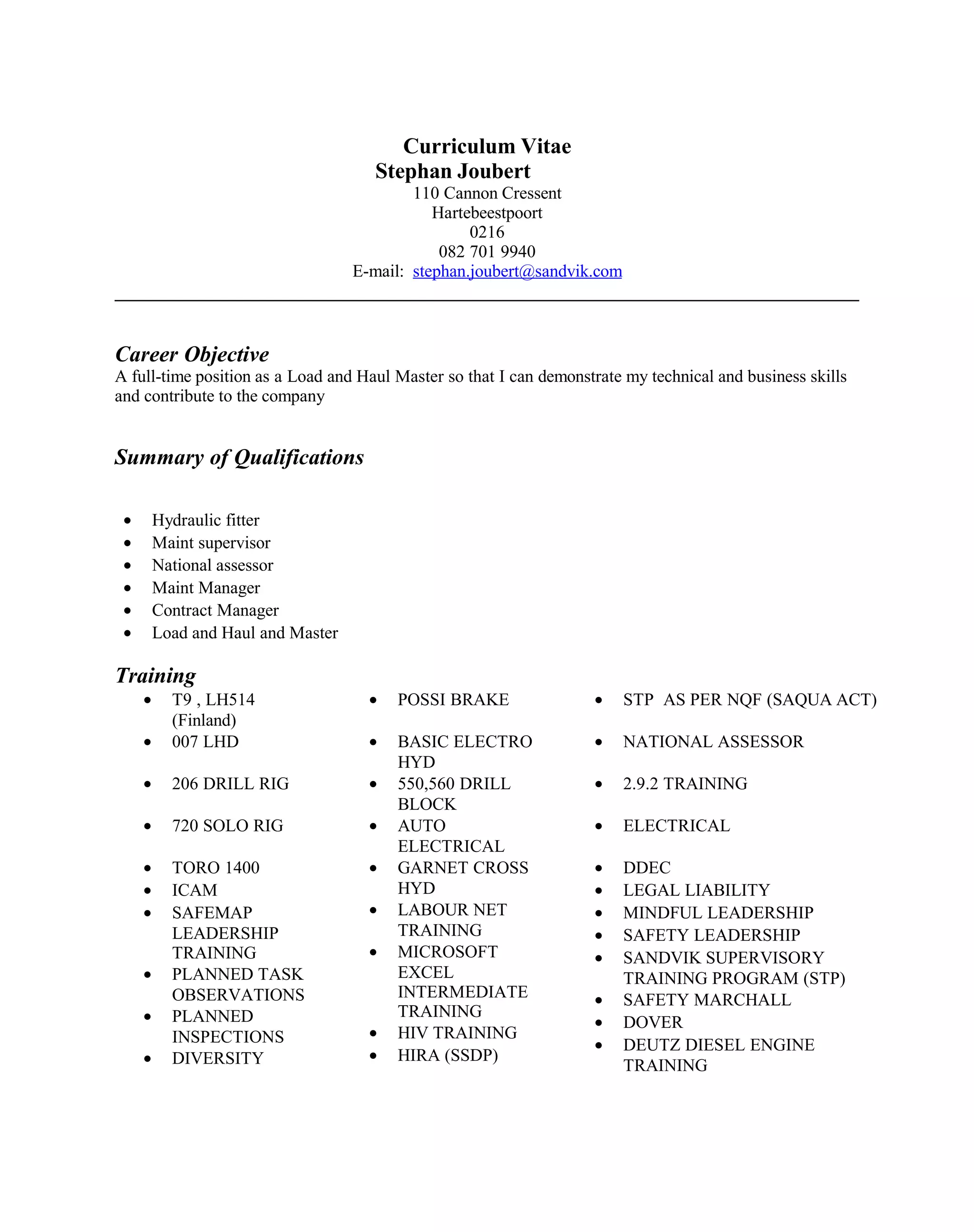Stephan Joubert cv-1 | DOC | Business | Business and Finance
