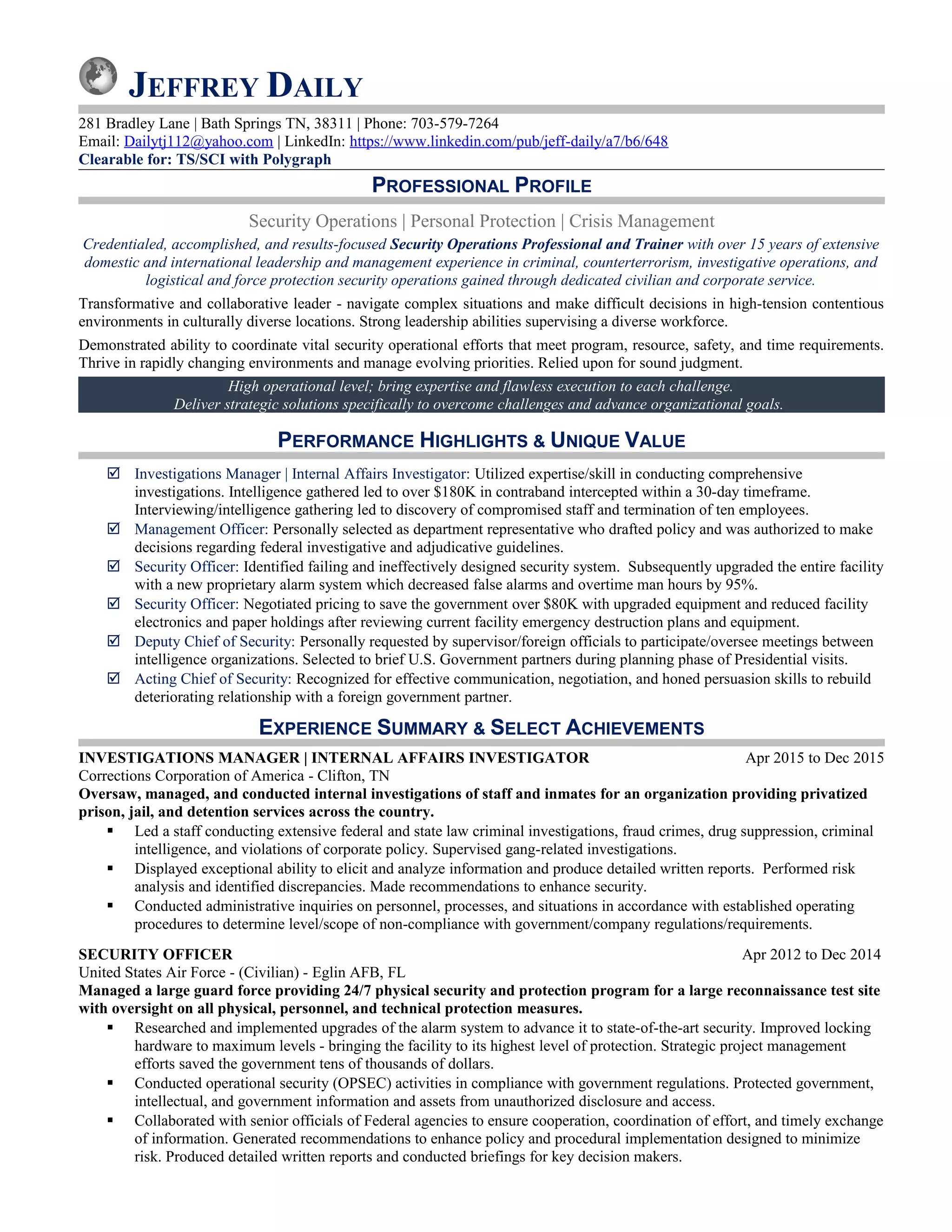 Jeff Daily - Professional Security Resume 2015 | DOC