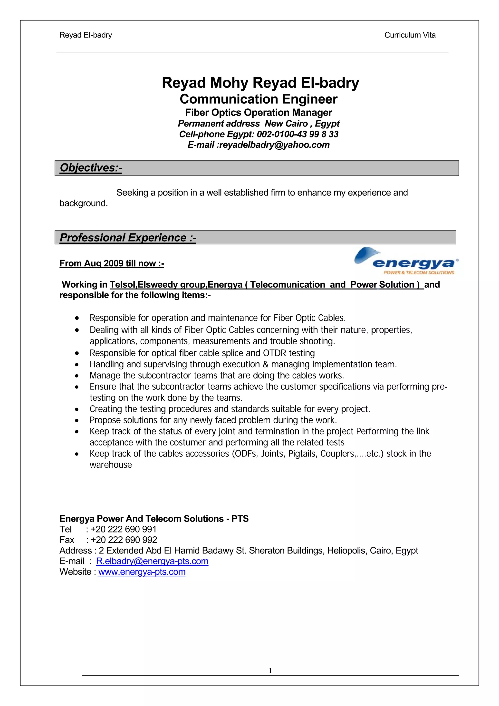 REYAD el badry 2015 Fiber Optics Operation Manager | PDF | Telecommunications Industry | Industries
