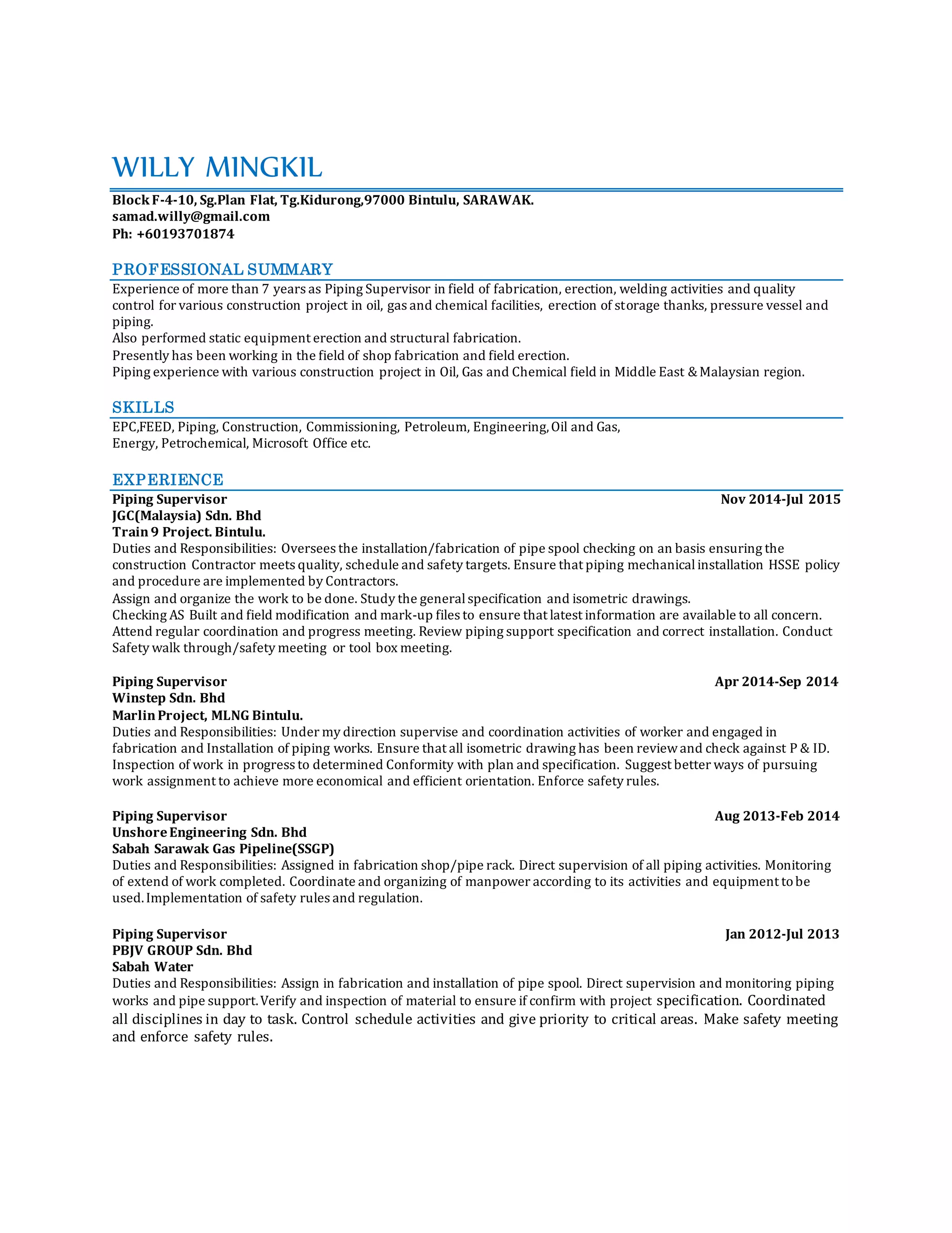 WILLY-Resume B | DOCX | Civil Engineering Industry | Industries