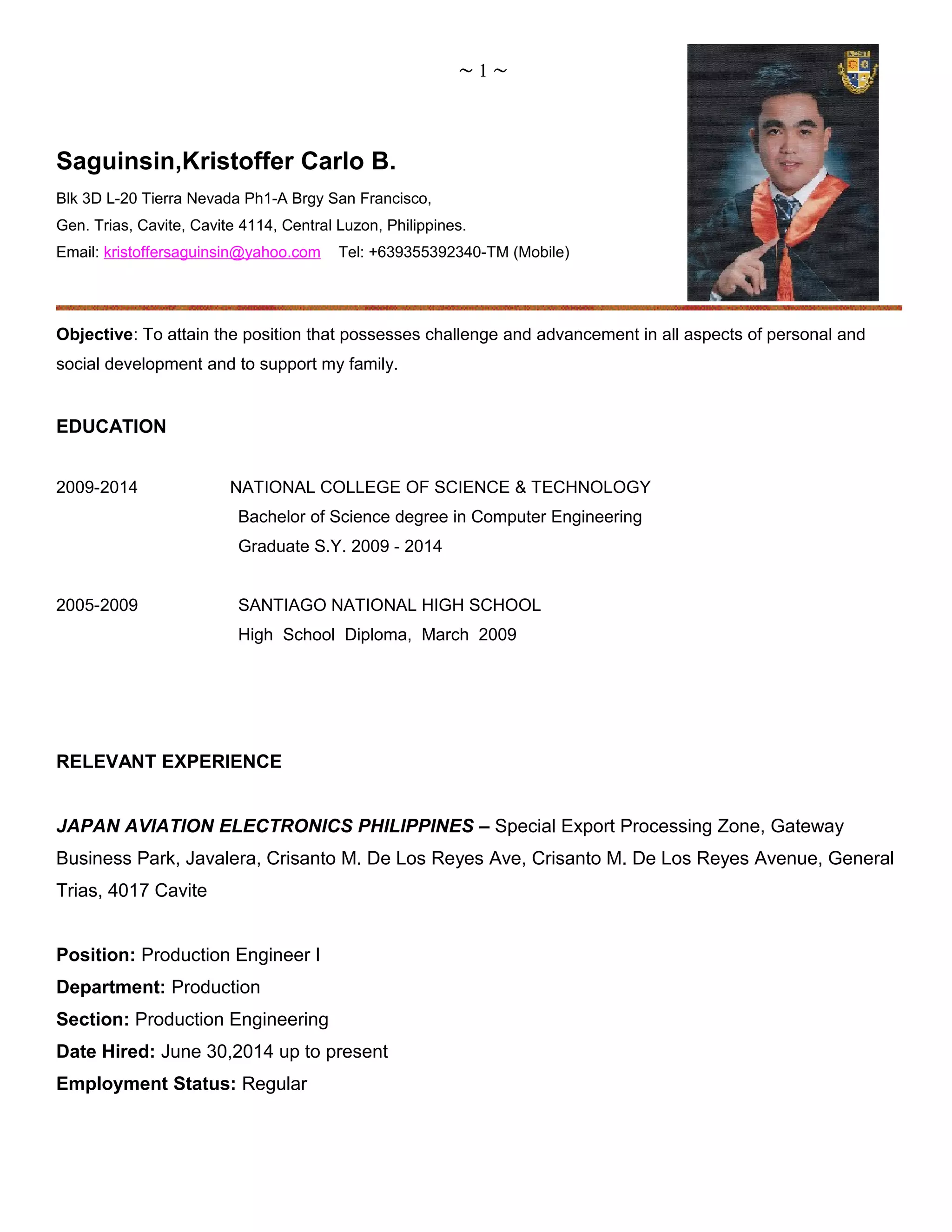 SAGUINSIN, KRISTOFFER CARLO B. (RESUME) | PDF