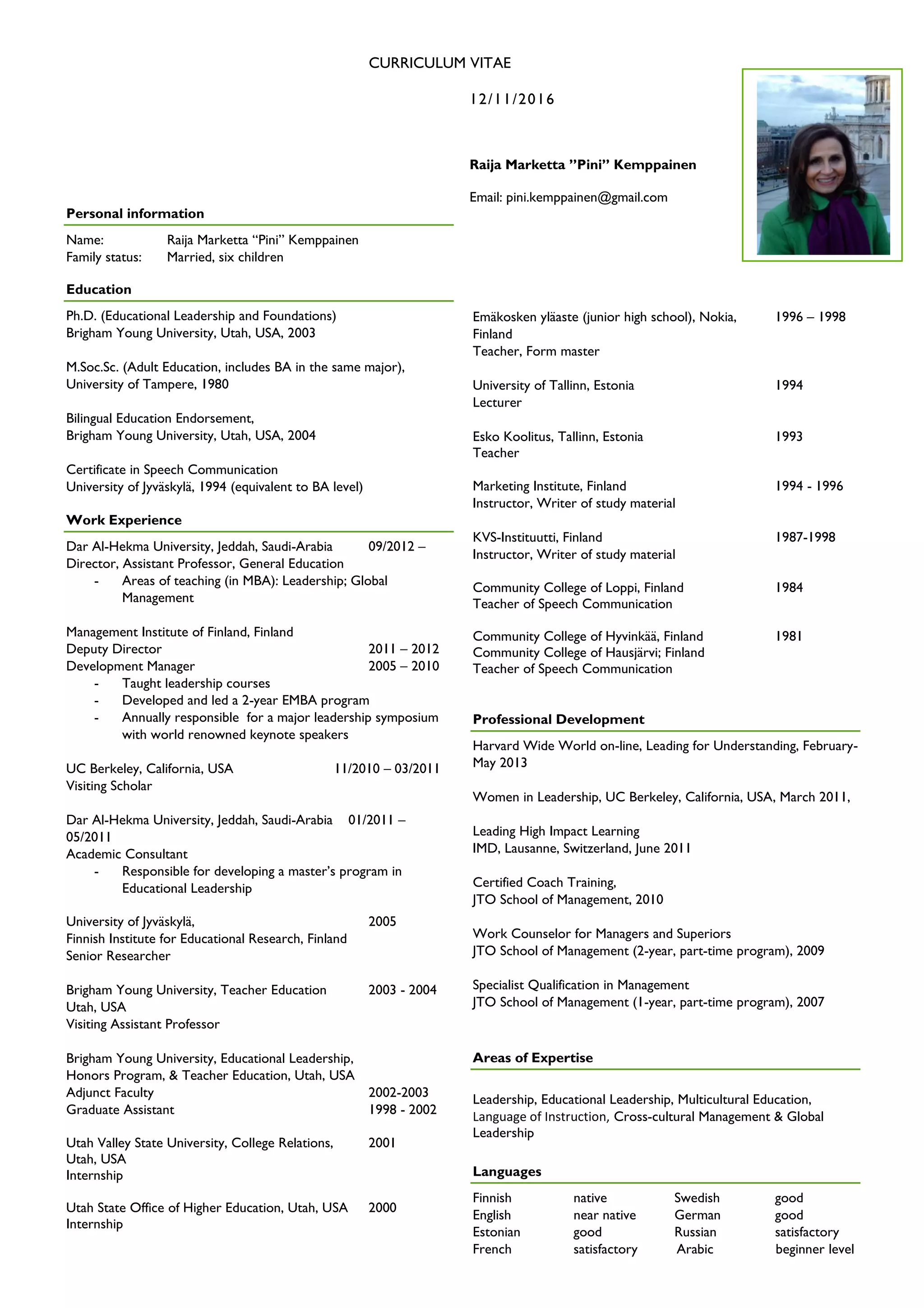 Dr Raija Pini Kemppainen CV 2016 | PDF