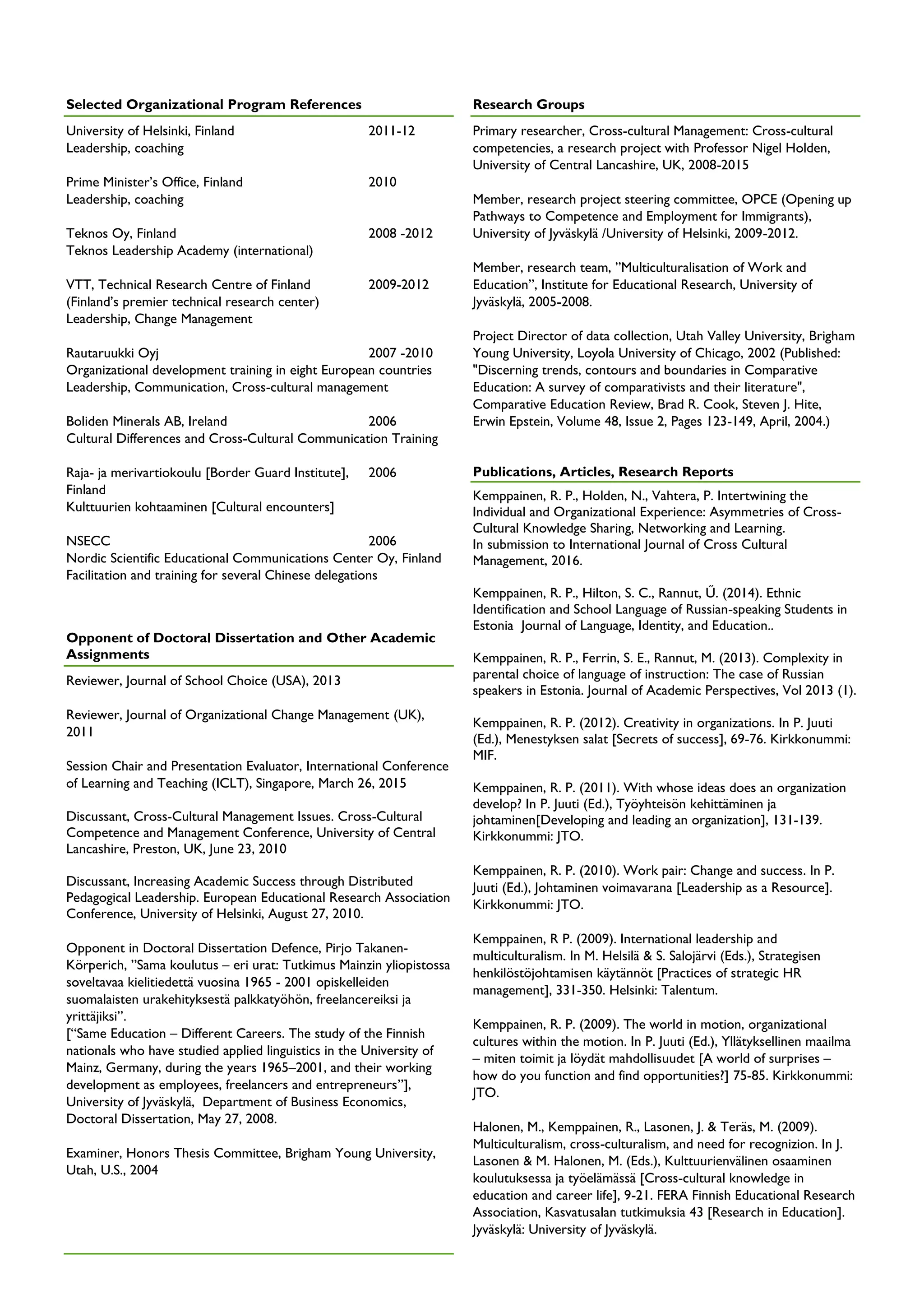 Dr Raija Pini Kemppainen CV 2016 | PDF