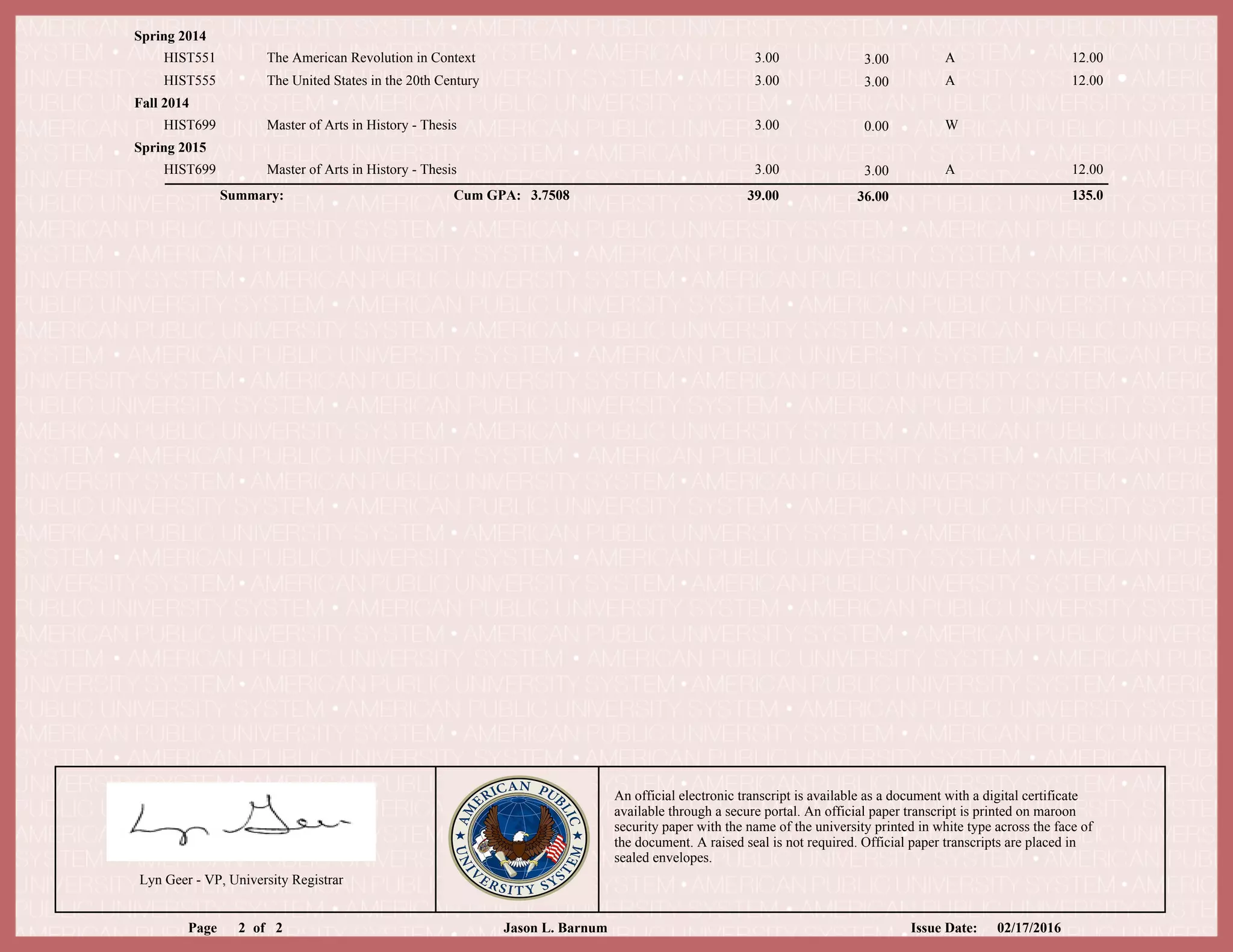 2016 APUS Official Transcript | PDF