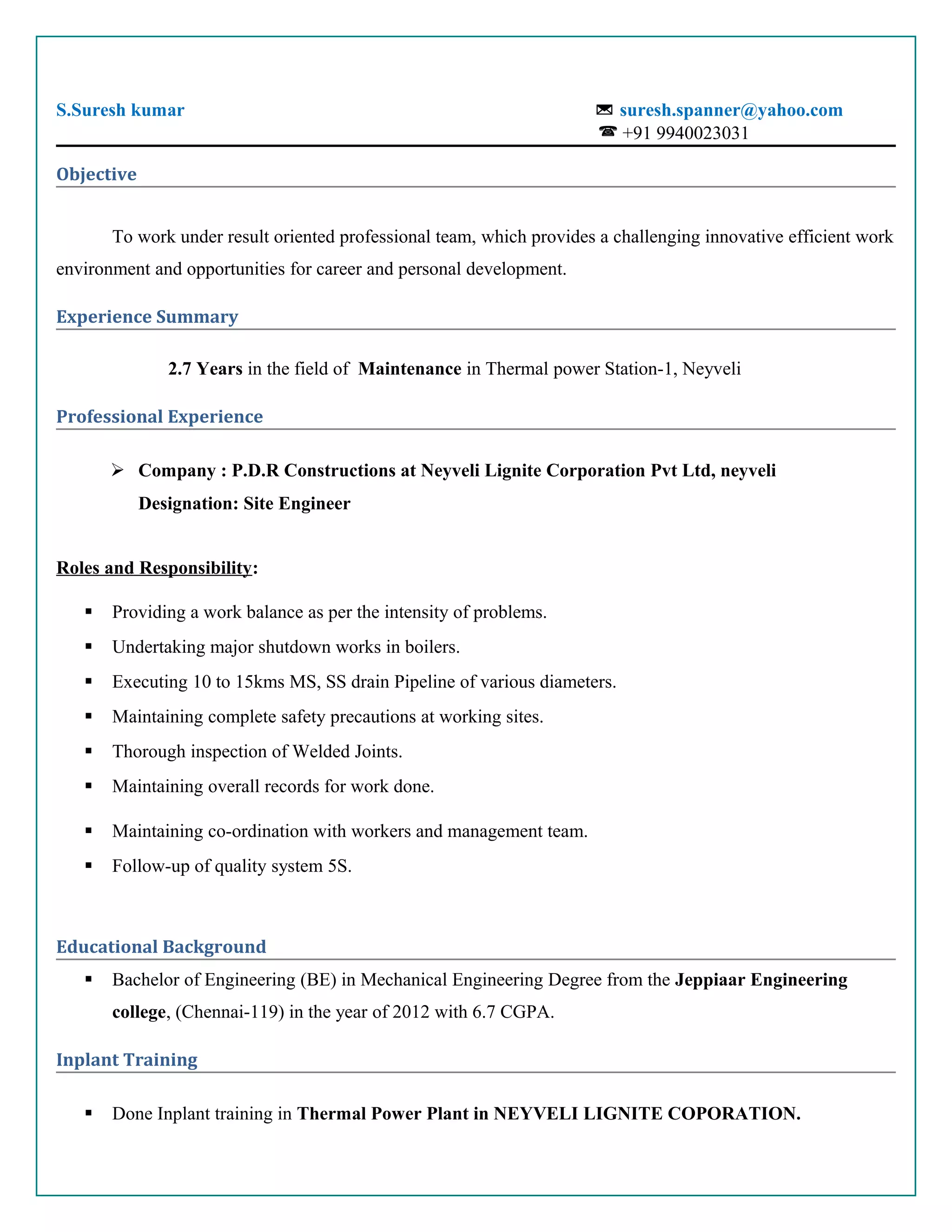 CV_suresh new | DOC | Civil Engineering Industry | Industries