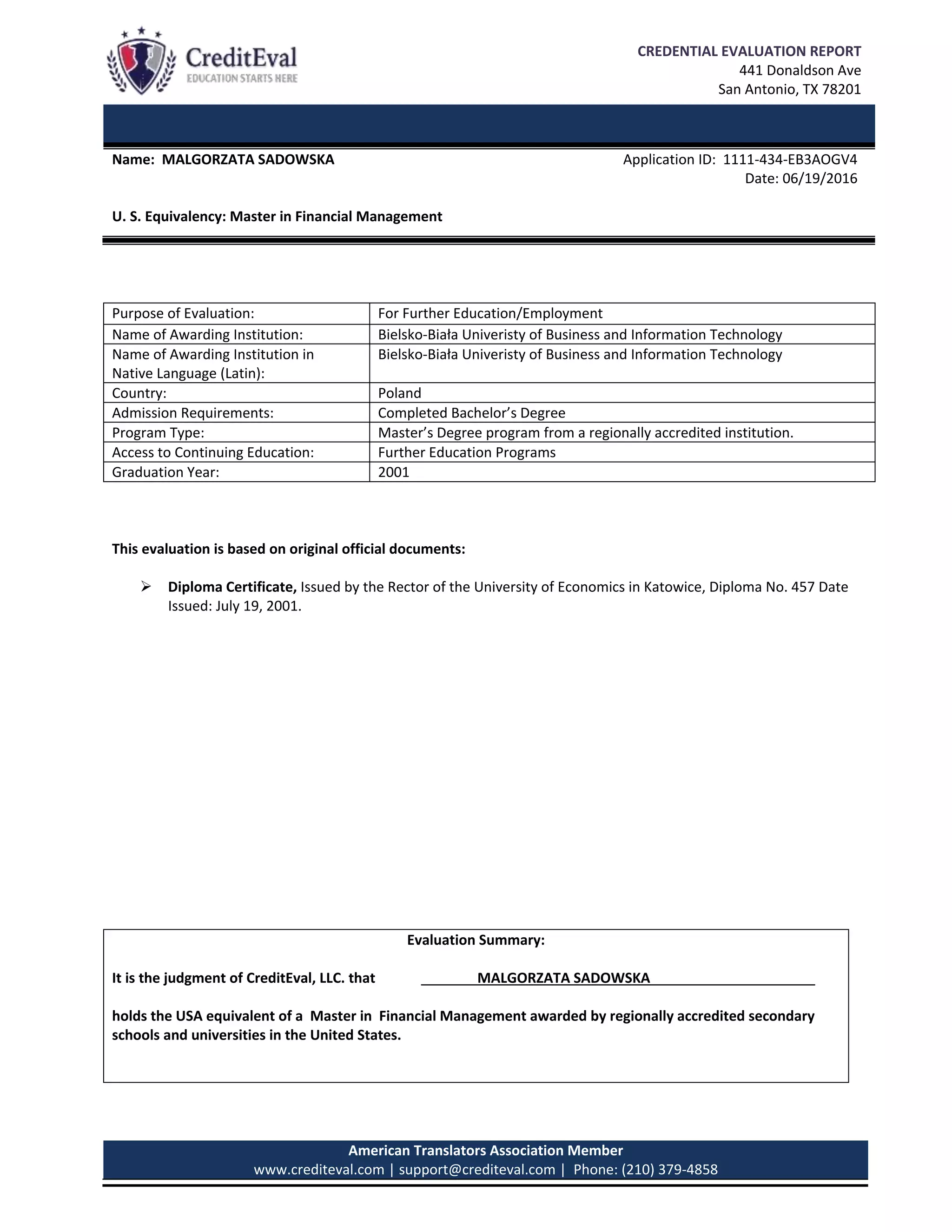 Bachelor. CREDENTIAL EVALUATION REPORT | PDF