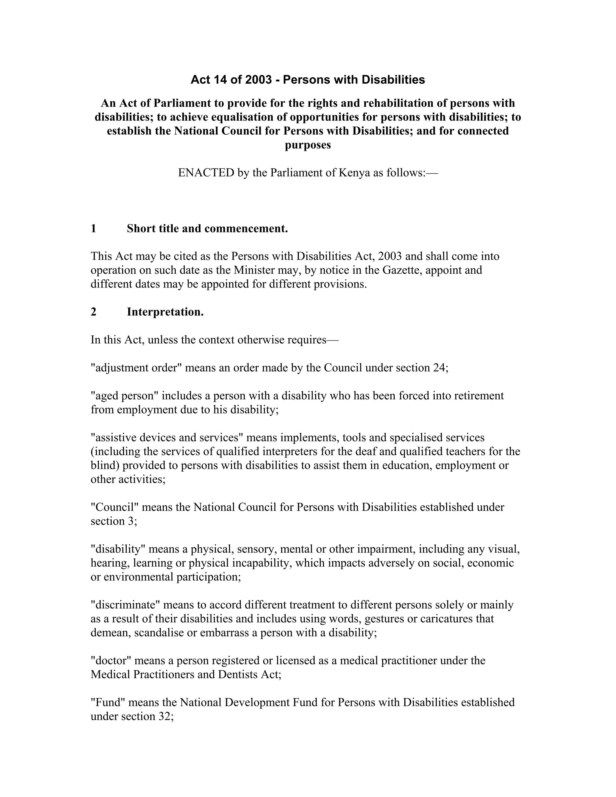 PERSONS WITH DISABILITIES ACT 2003 | PDF