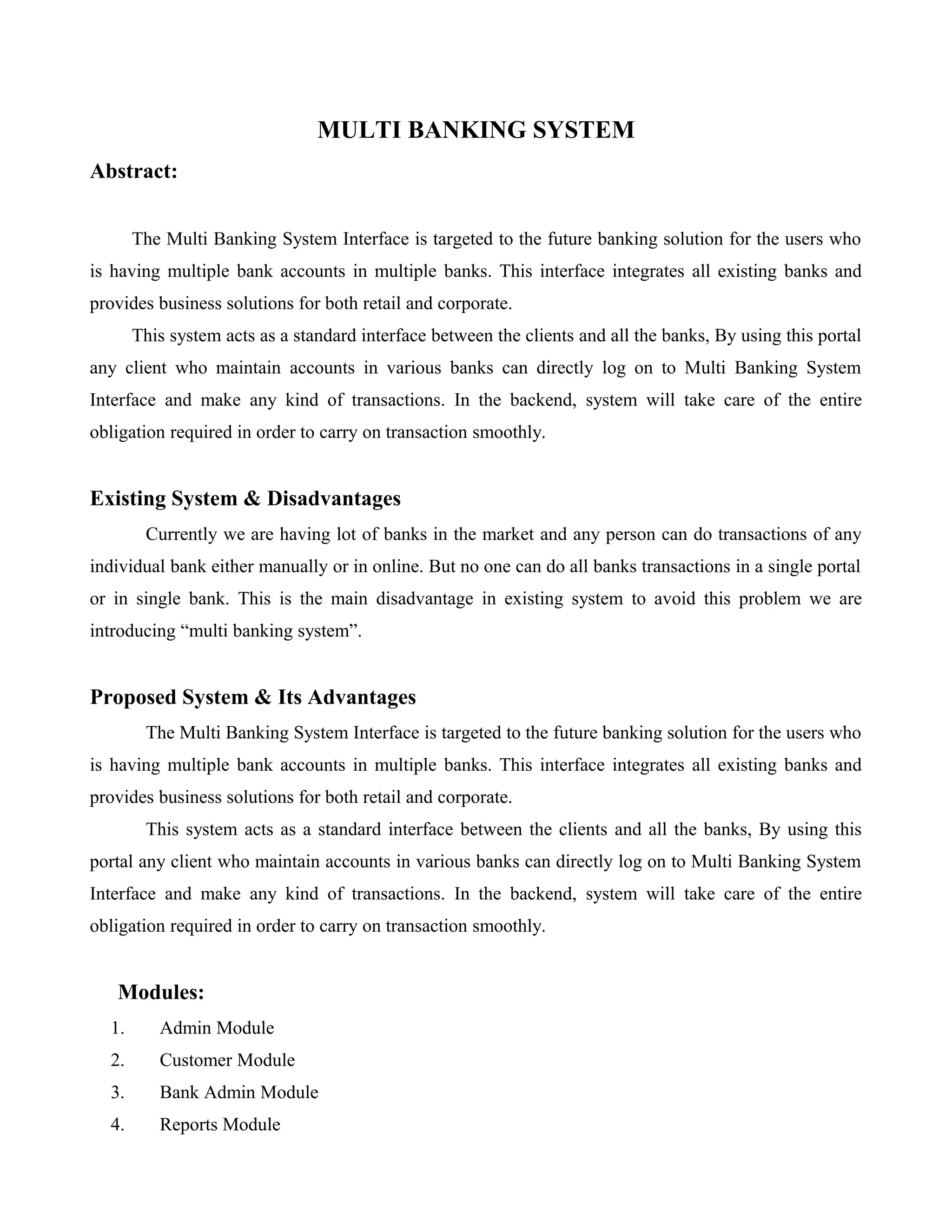 MULTI BANKING SYSTEM abs | DOC | Business Banking & Finance | Business