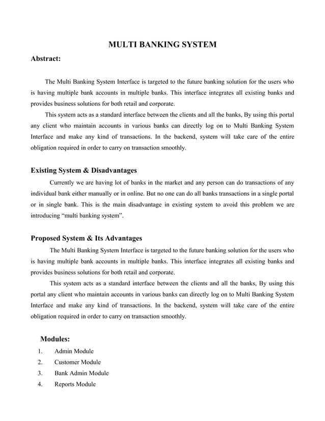 MULTI BANKING SYSTEM abs | DOC | Business Banking & Finance | Business