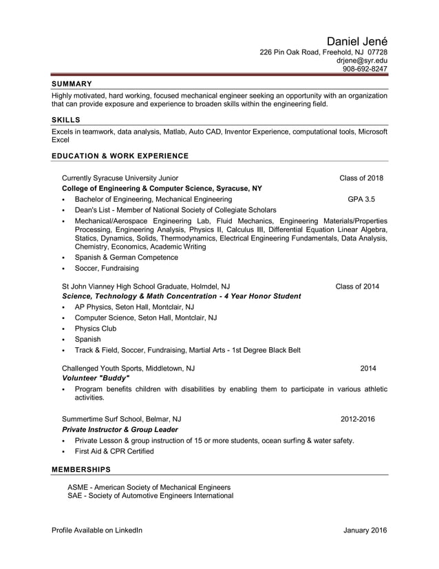 Daniel Jene Resume August 2016 | PDF | Sports